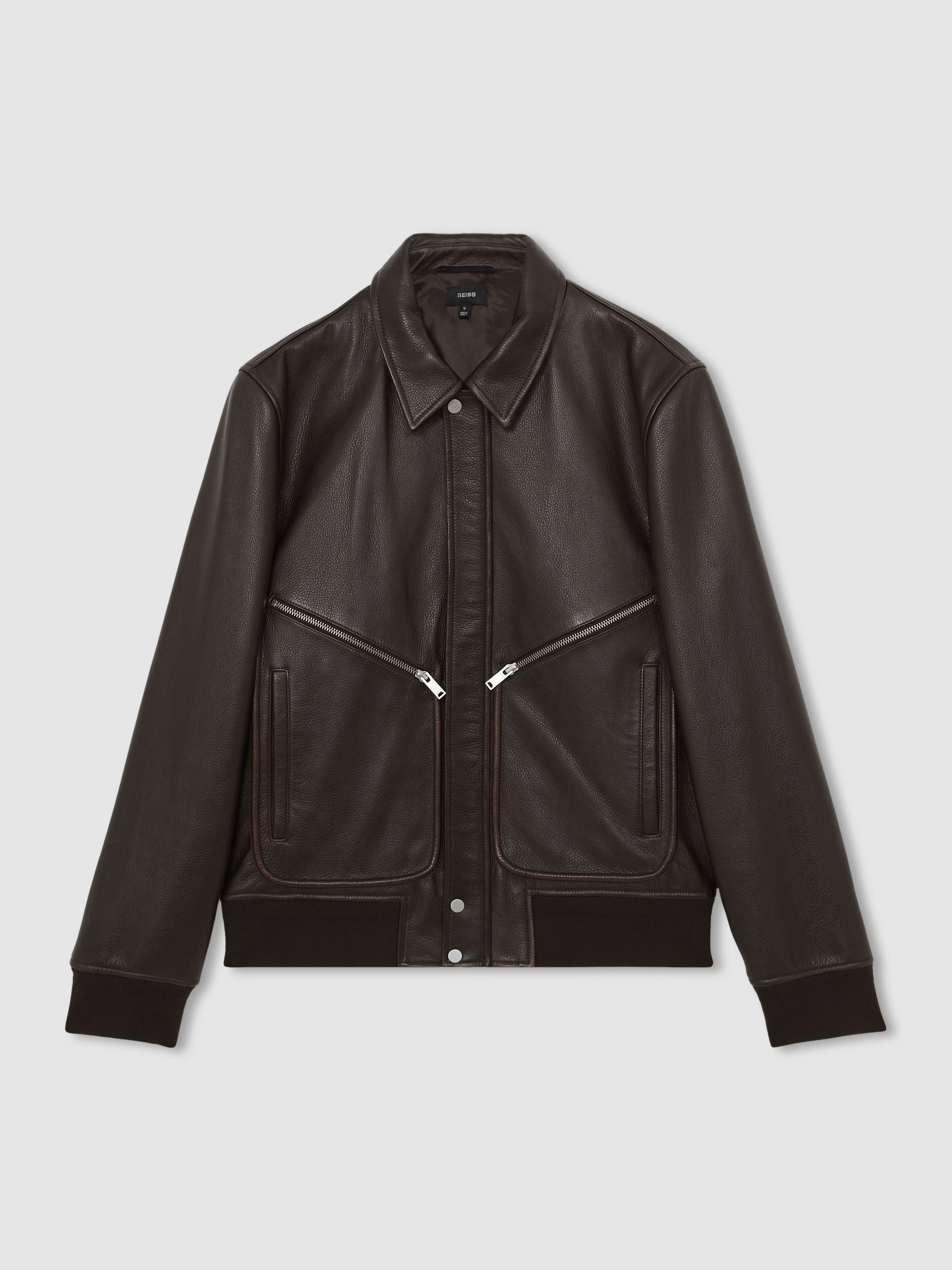 Reiss Burnished-Leather Zip-Through Jacket in Chocolate Brown - REISS