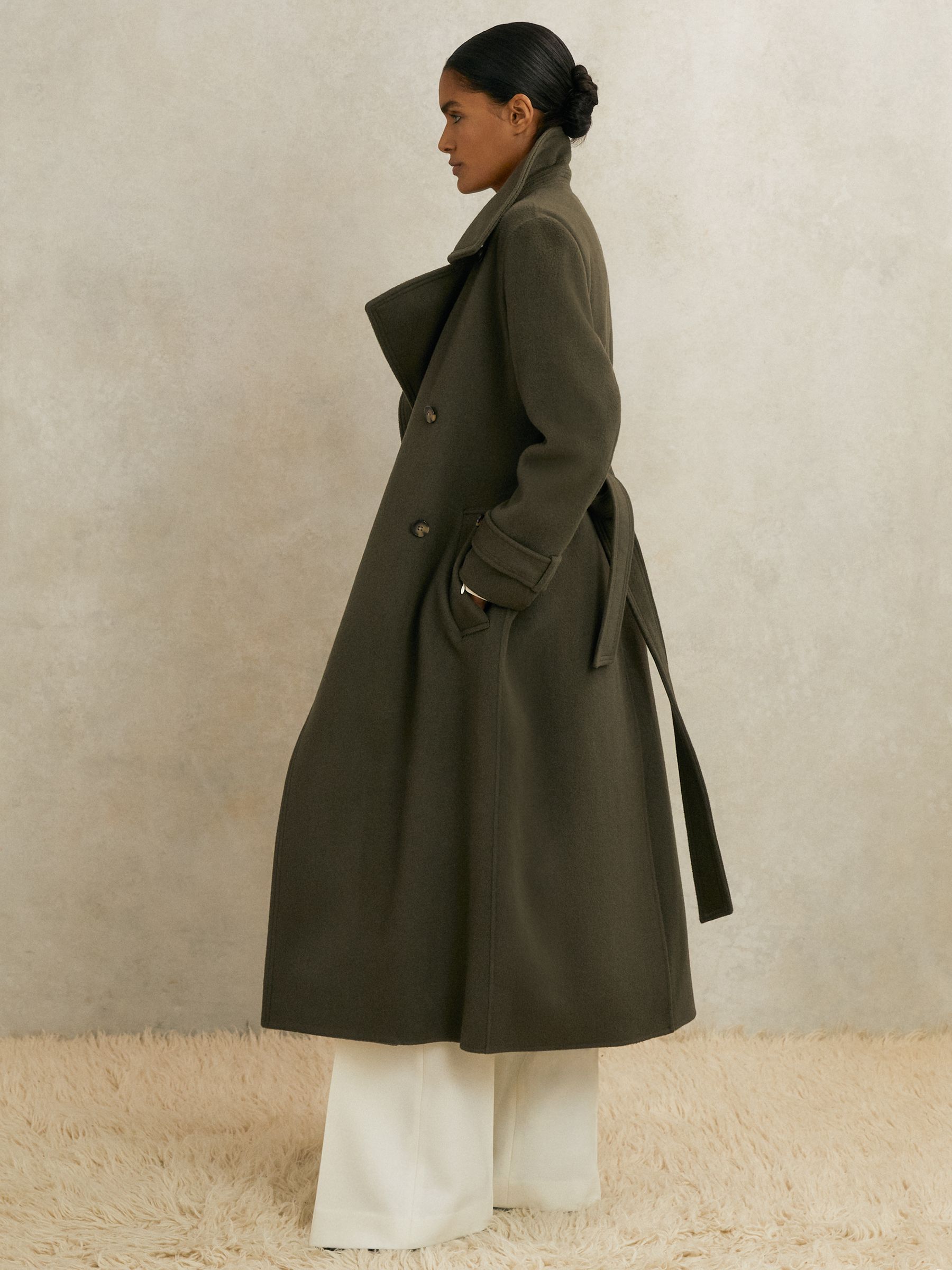 Reiss Atelier Wool Belted Blindseam Coat in Khaki | REISS