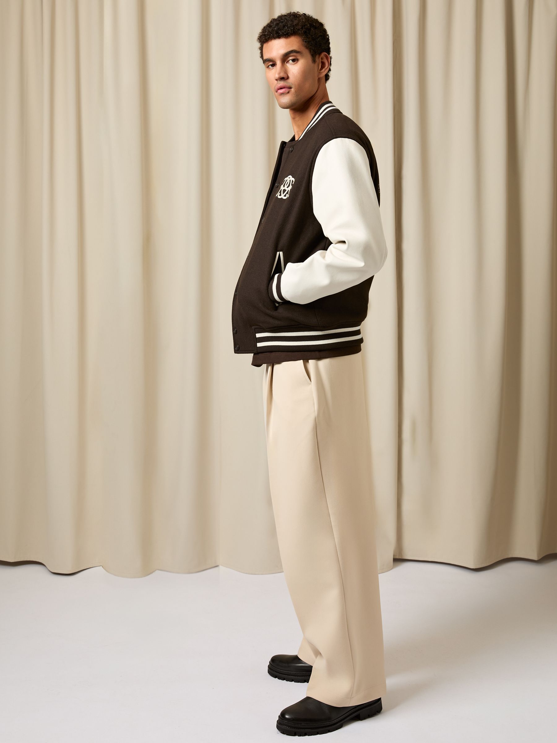 Reiss Monogram Relaxed Varsity Jacket in Brown/White | REISS