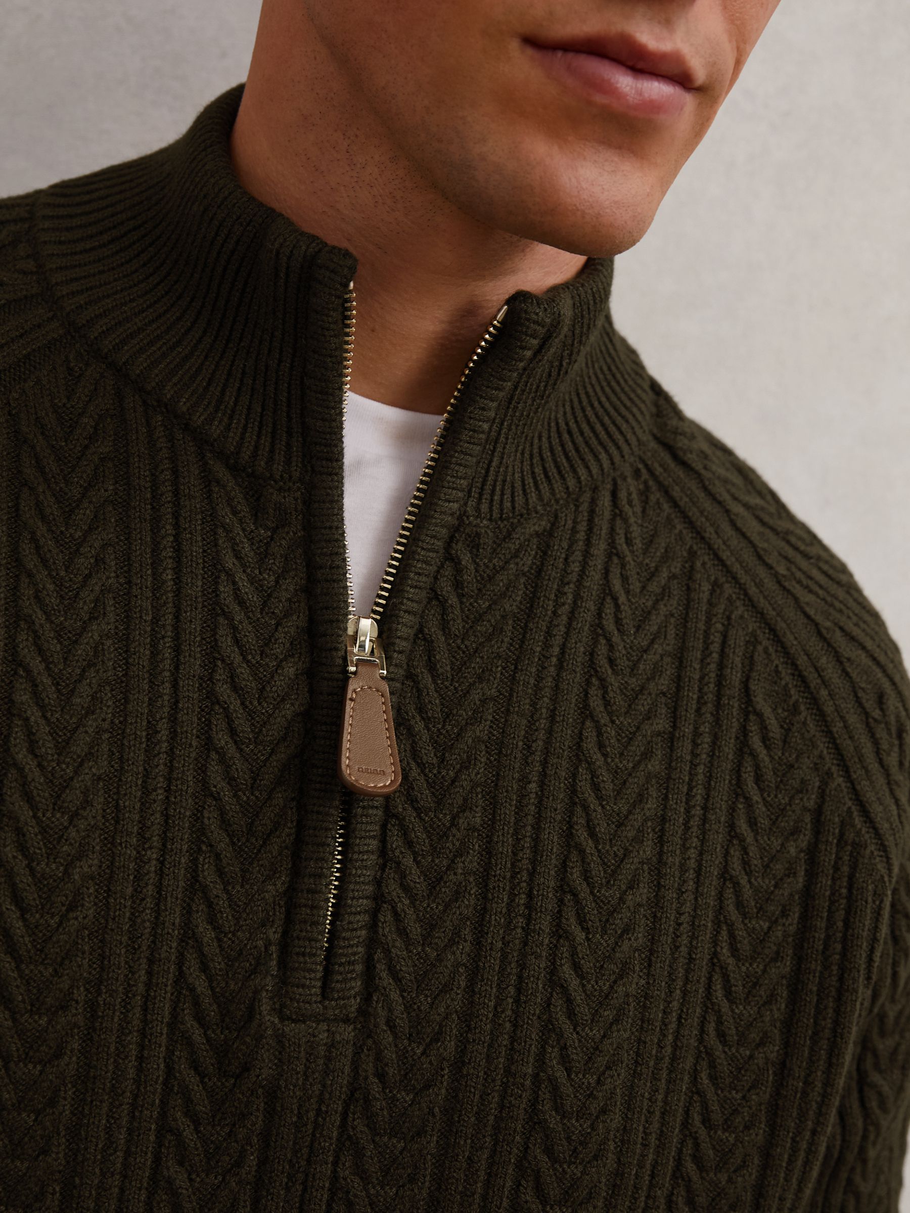 Reiss Cable-Knit Half-Zip Jumper with Wool in Dark Olive Green - REISS