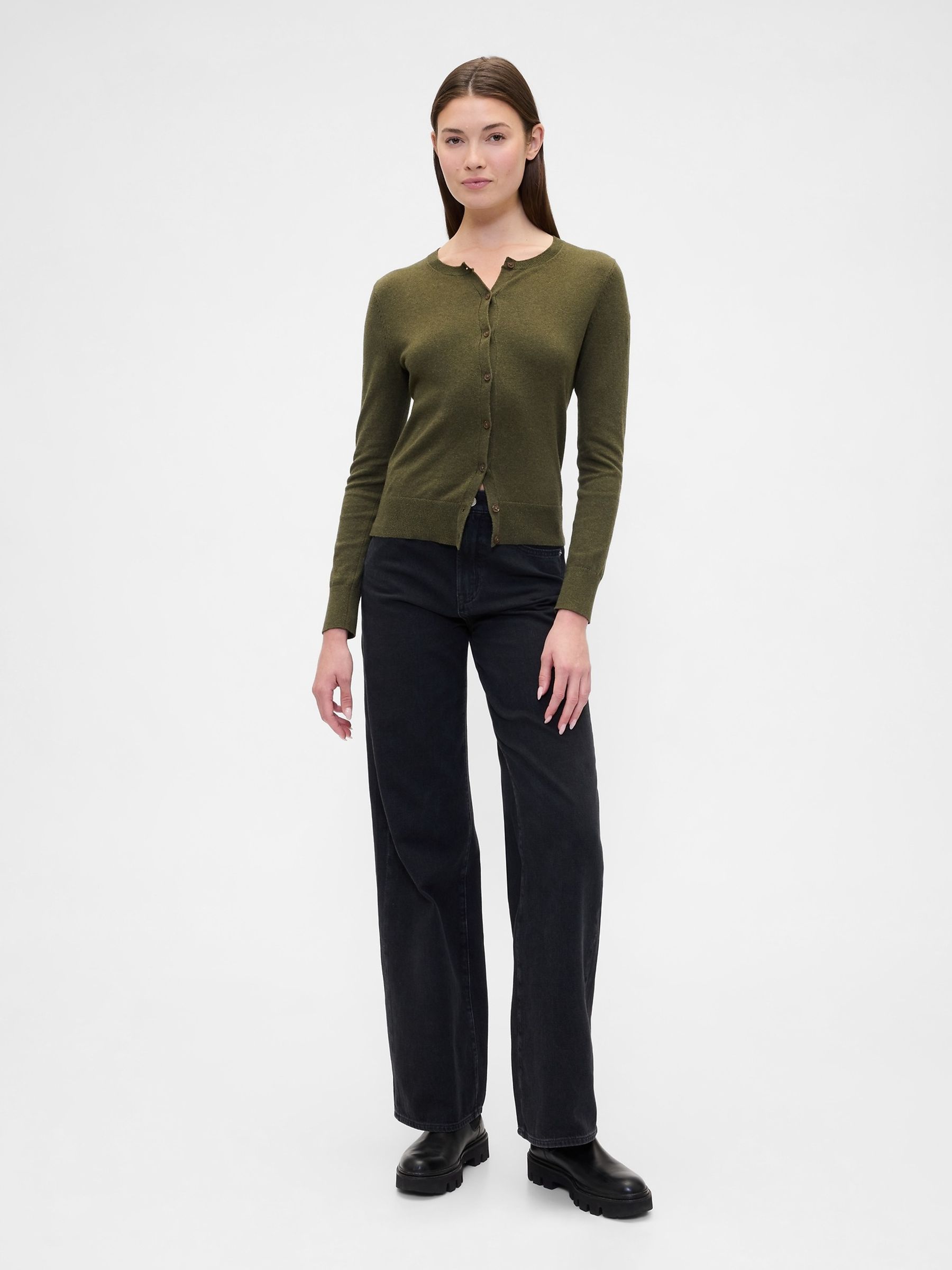 Olive Green 100% Cotton Crew Neck Cardigan | Gap