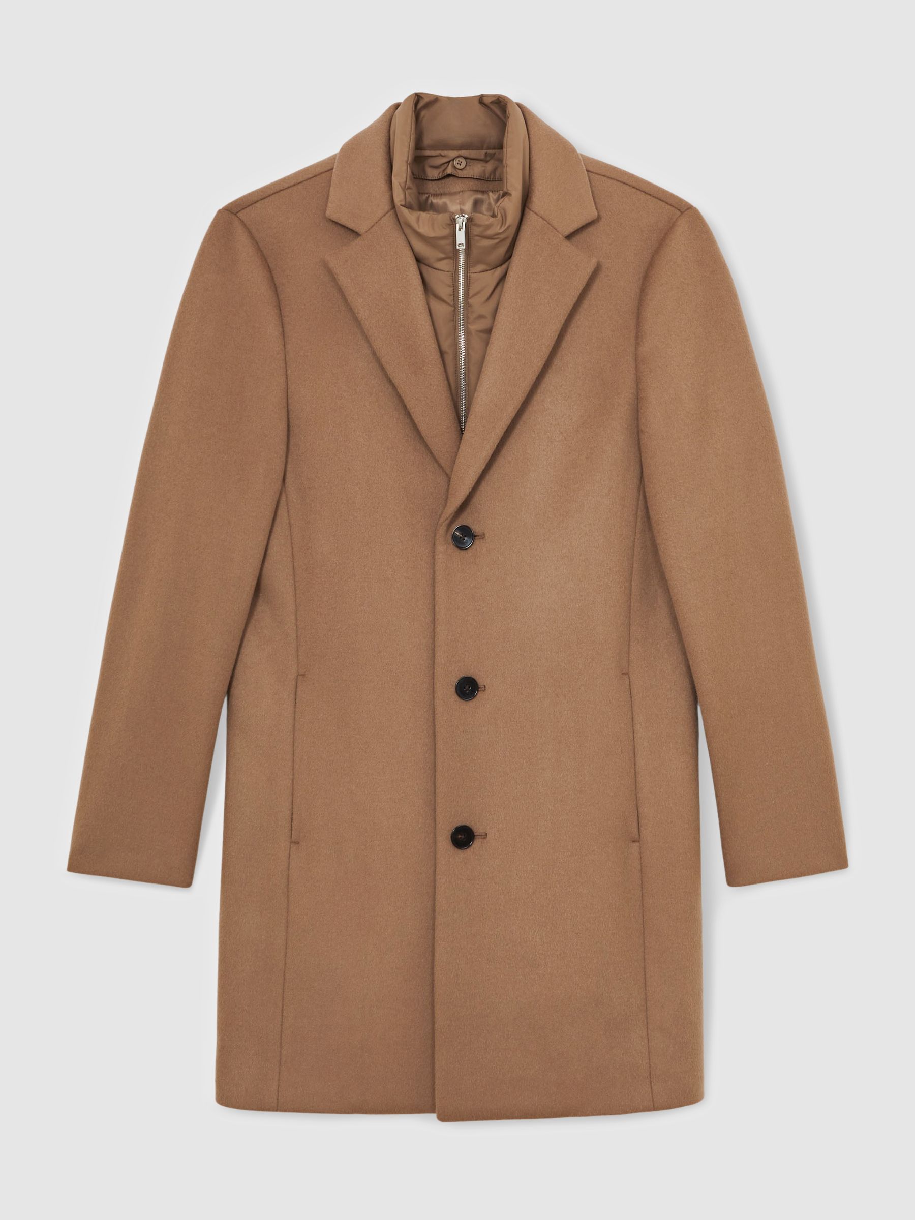 Reiss Wool-Blend Internal-Gilet Overcoat in Light Brown | REISS