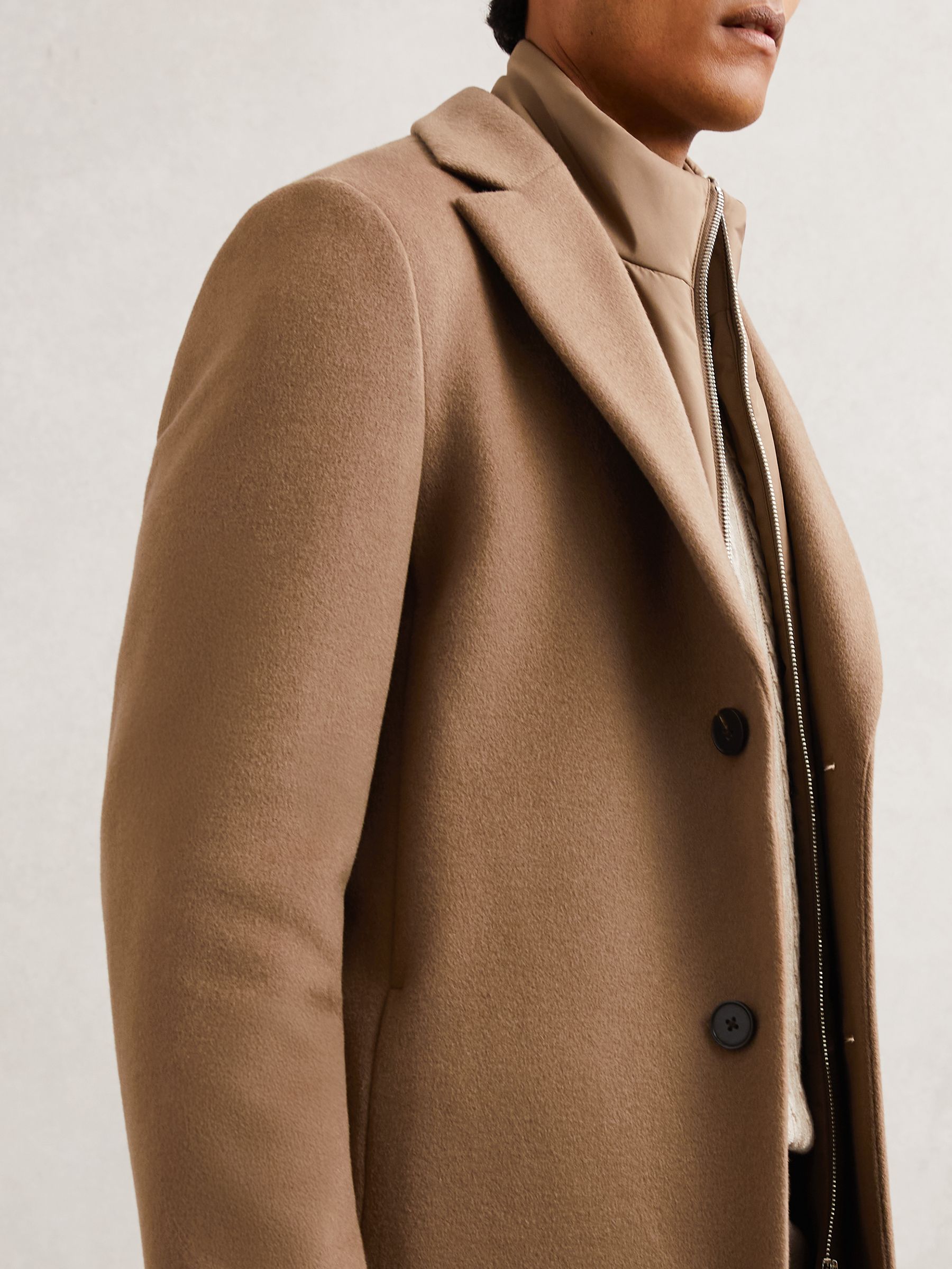 Reiss Wool-Blend Internal-Gilet Overcoat in Light Brown | REISS