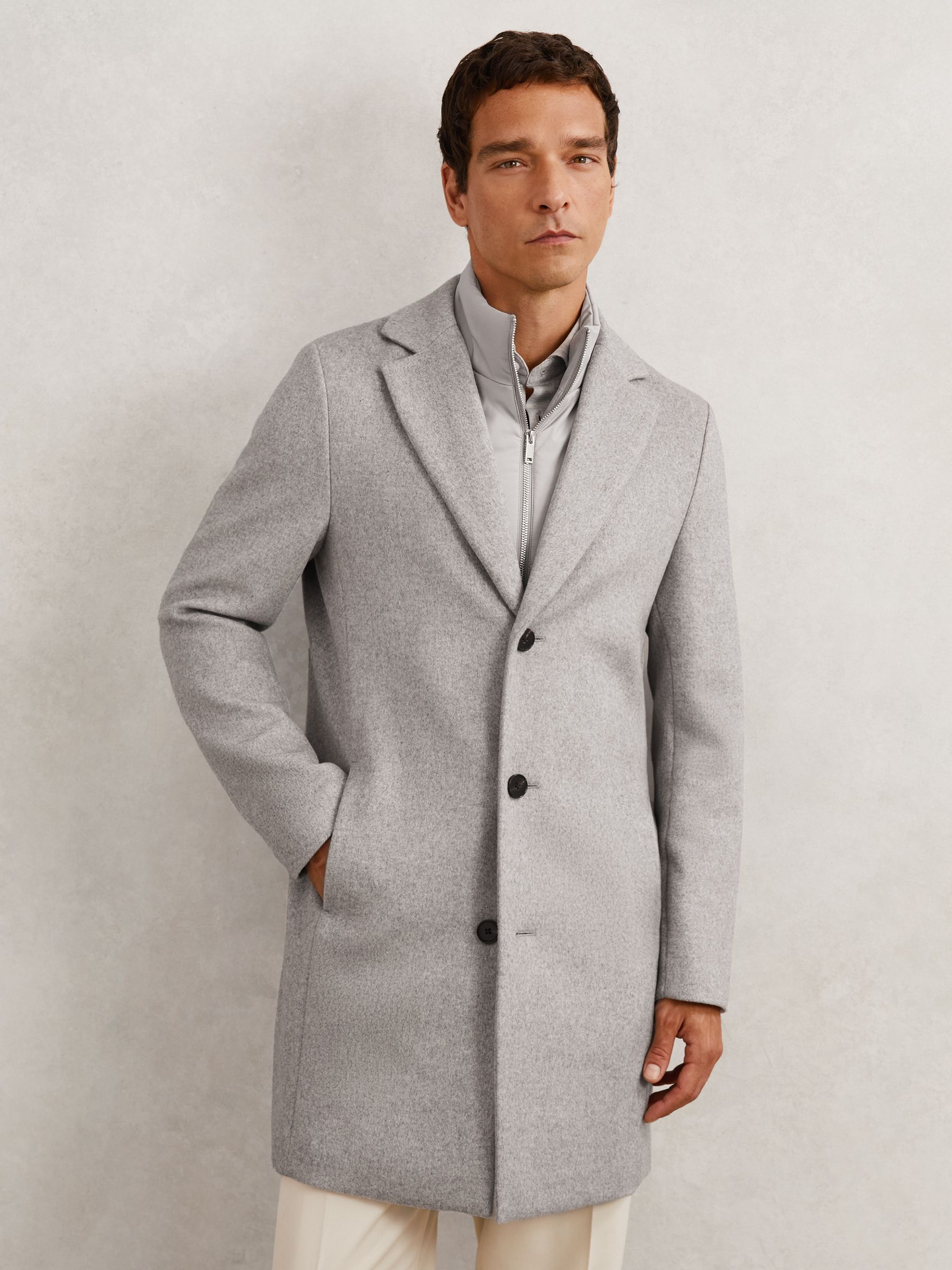 Reiss Wool-Blend Internal-Gilet Overcoat in Soft Grey | REISS