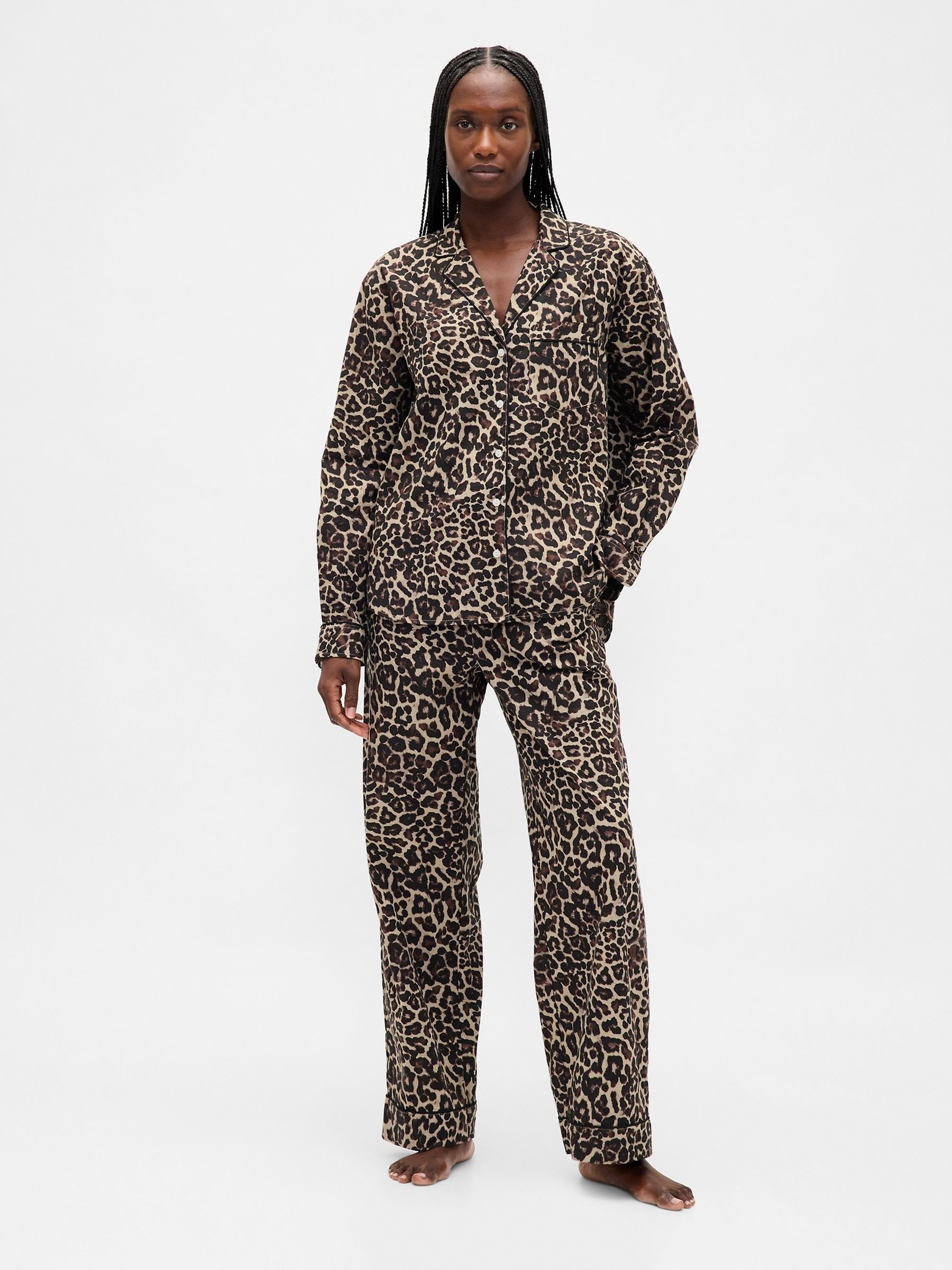 Leopard Print Brown 100% Cotton Poplin Long Sleeve Pyjama Top | Gap