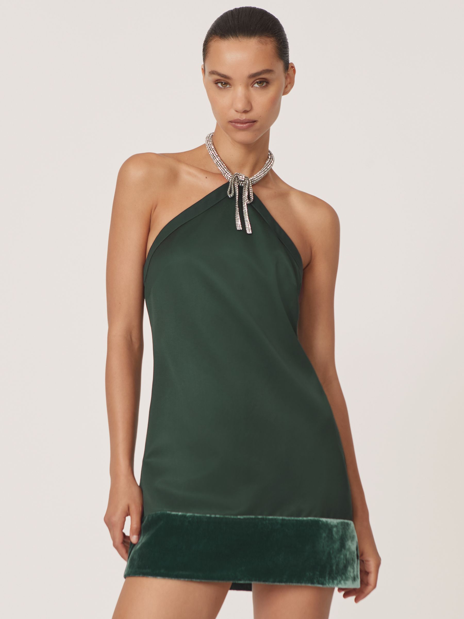 Reiss Satin Crystal-Necklace Mini Dress in Green | REISS