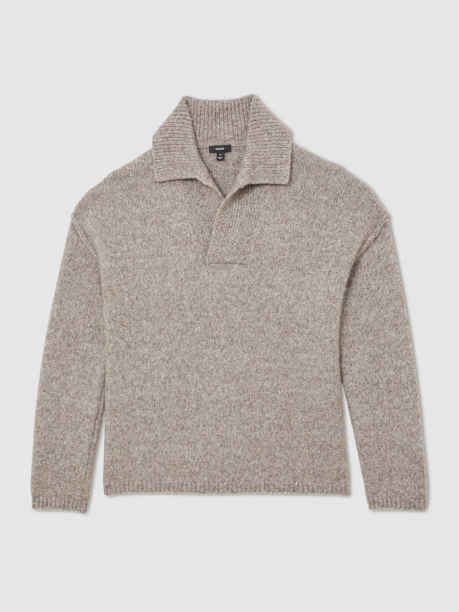 Reiss Wool-Blend Relaxed Open-Collar Jumper in Taupe Brown Melange | REISS