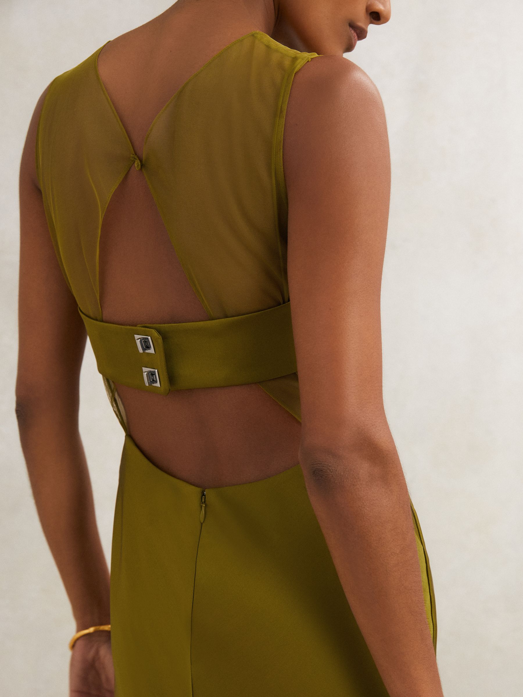 Reiss Atelier Satin Sheer-Panel Maxi Dress in Green - REISS