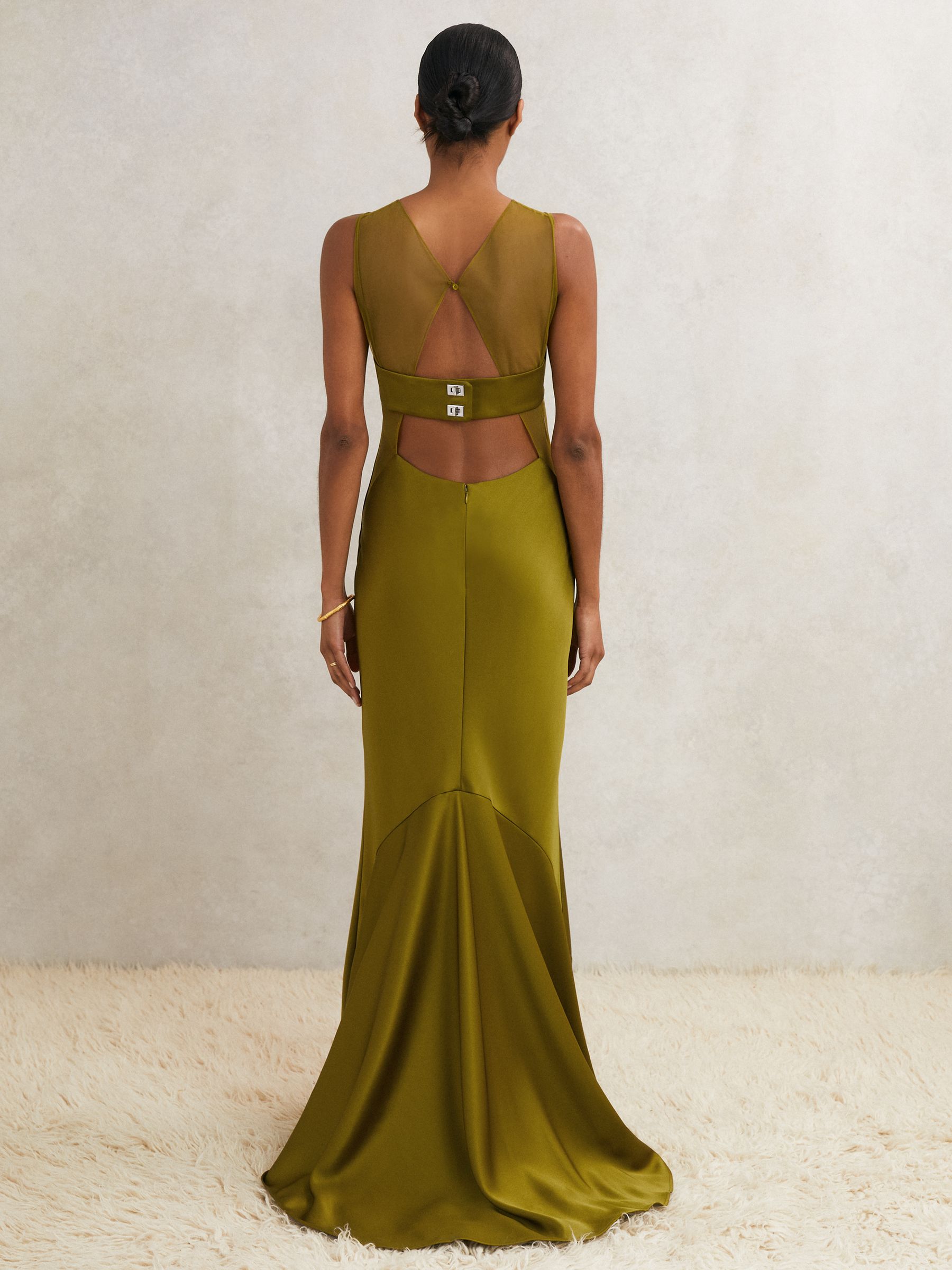 Reiss Atelier Satin Sheer-Panel Maxi Dress in Green - REISS