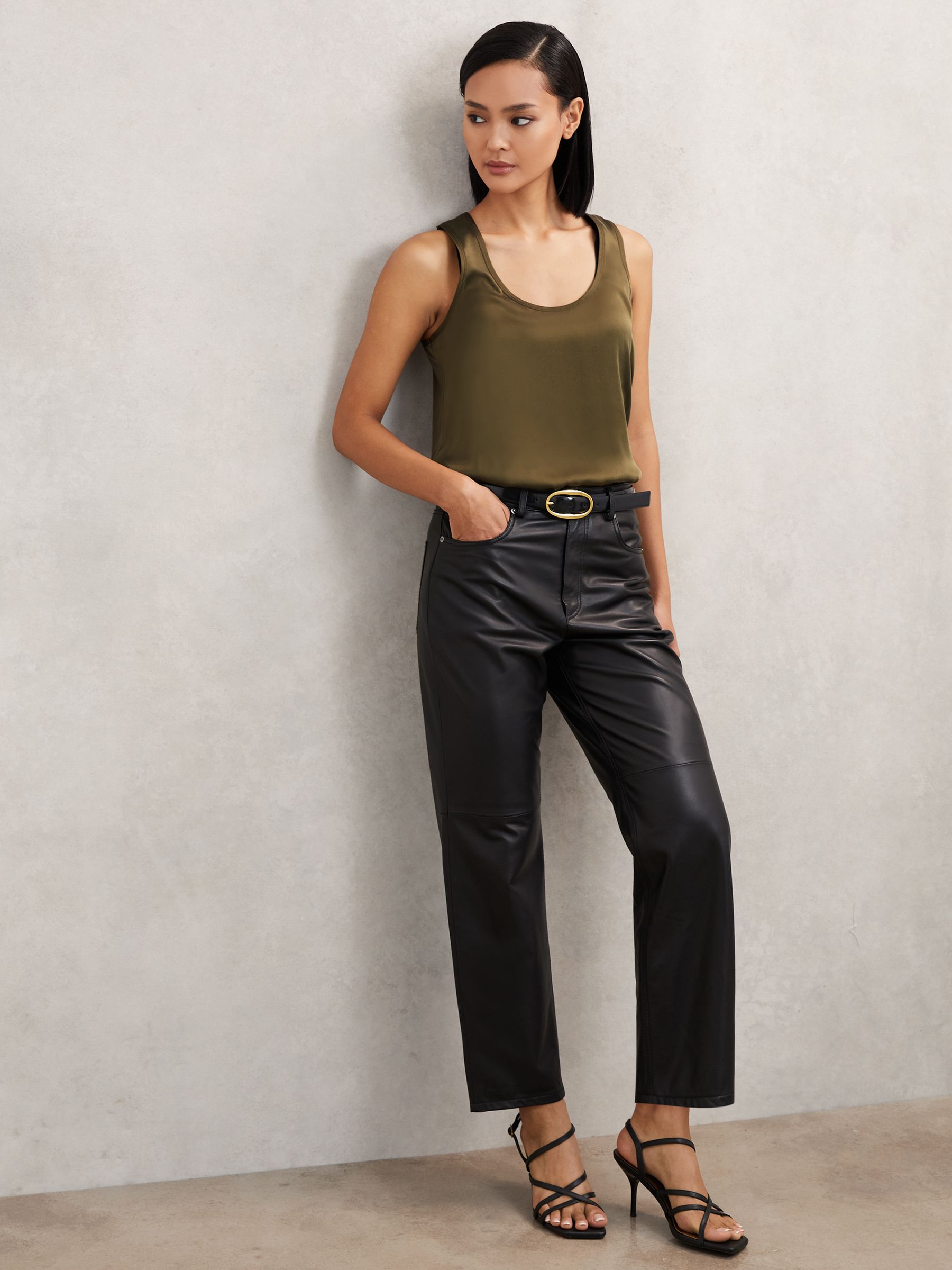 Reiss Silk-Front Cami Top in Khaki Green - REISS