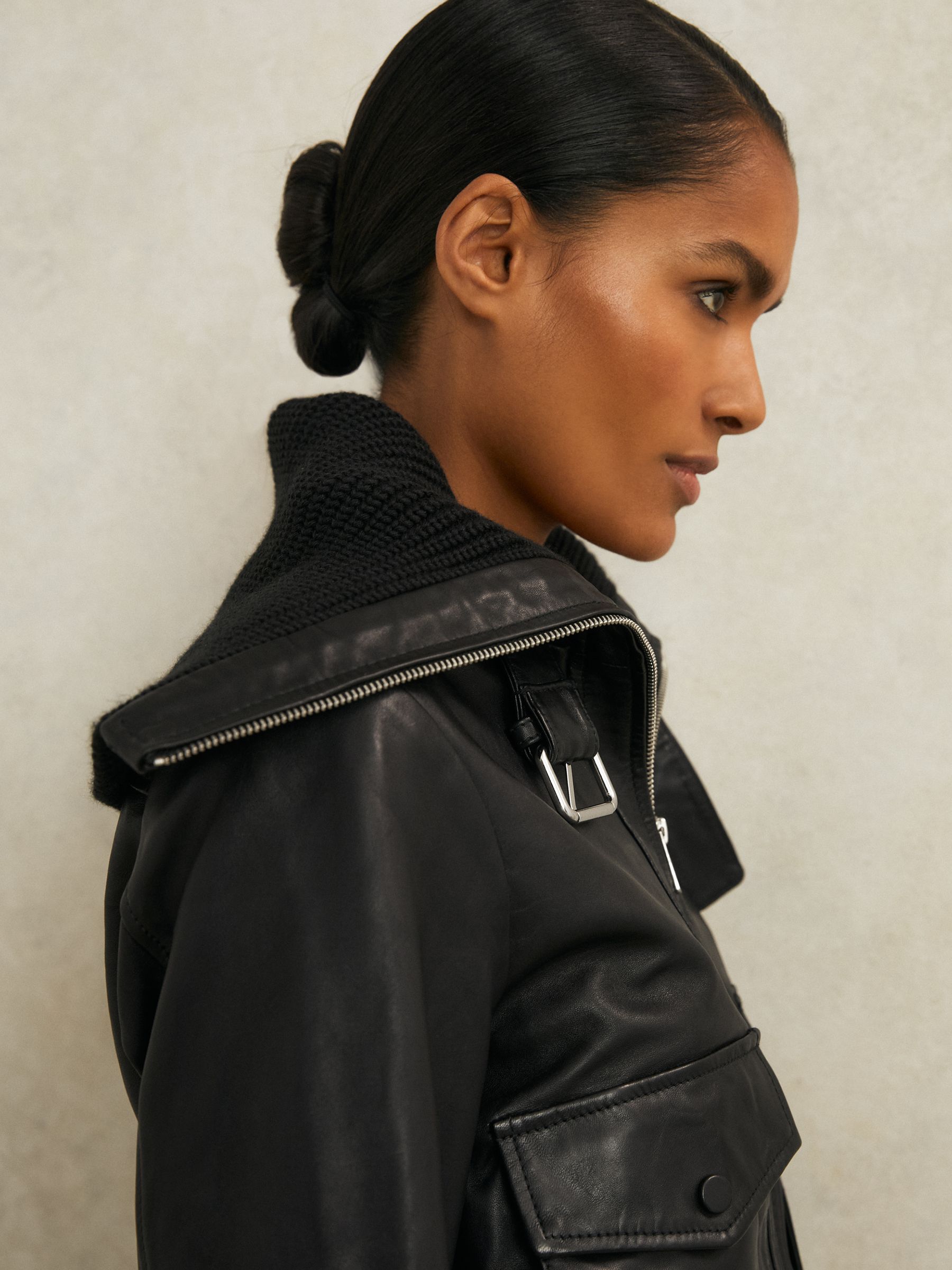 Reiss Atelier Leather Rib-Trim Jacket in Black | REISS