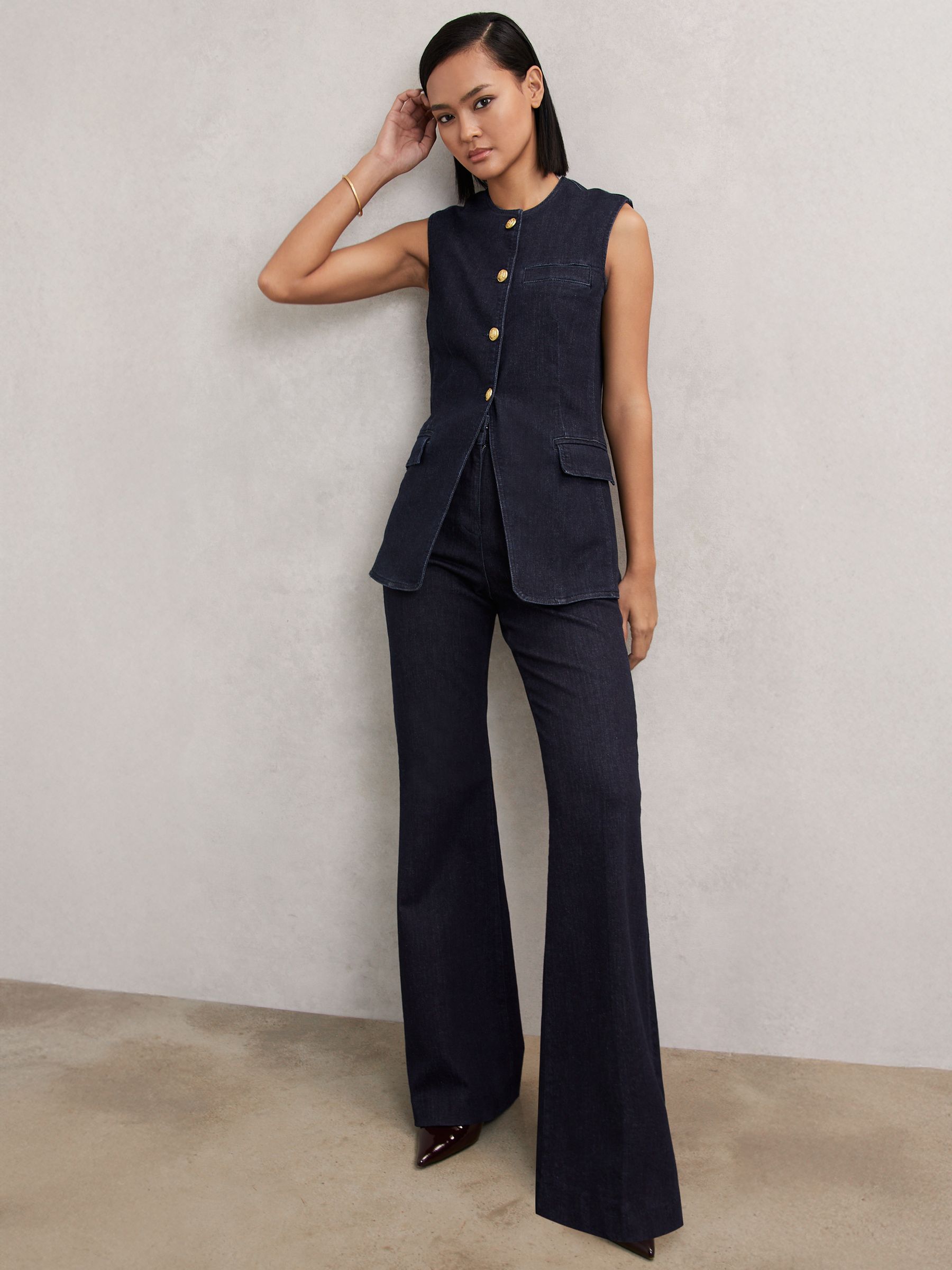 Reiss Denim Long-Line Waistcoat in Dark Blue | REISS