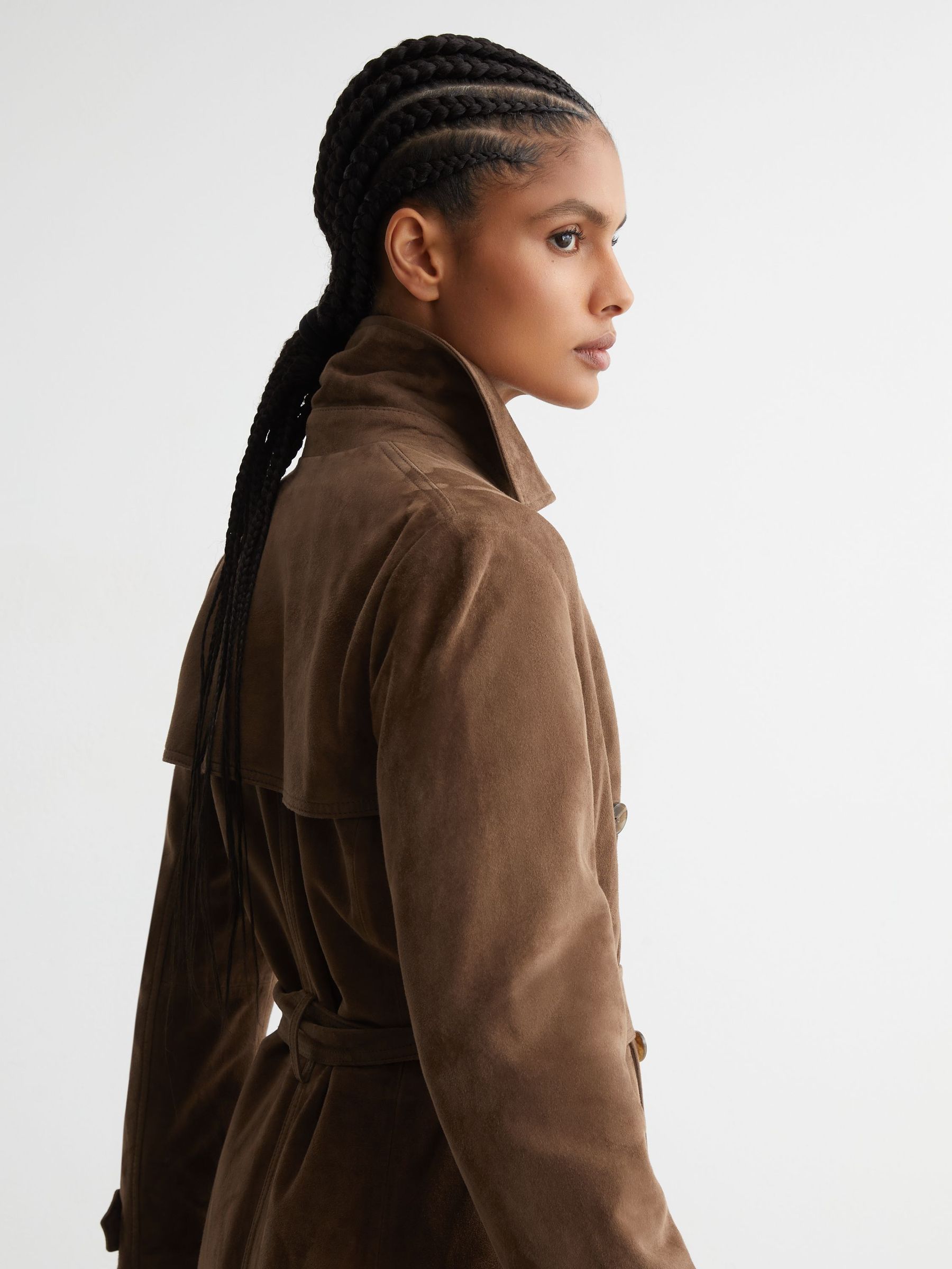 Reiss Suede Belted Trench Coat in Taupe Neutral - REISS