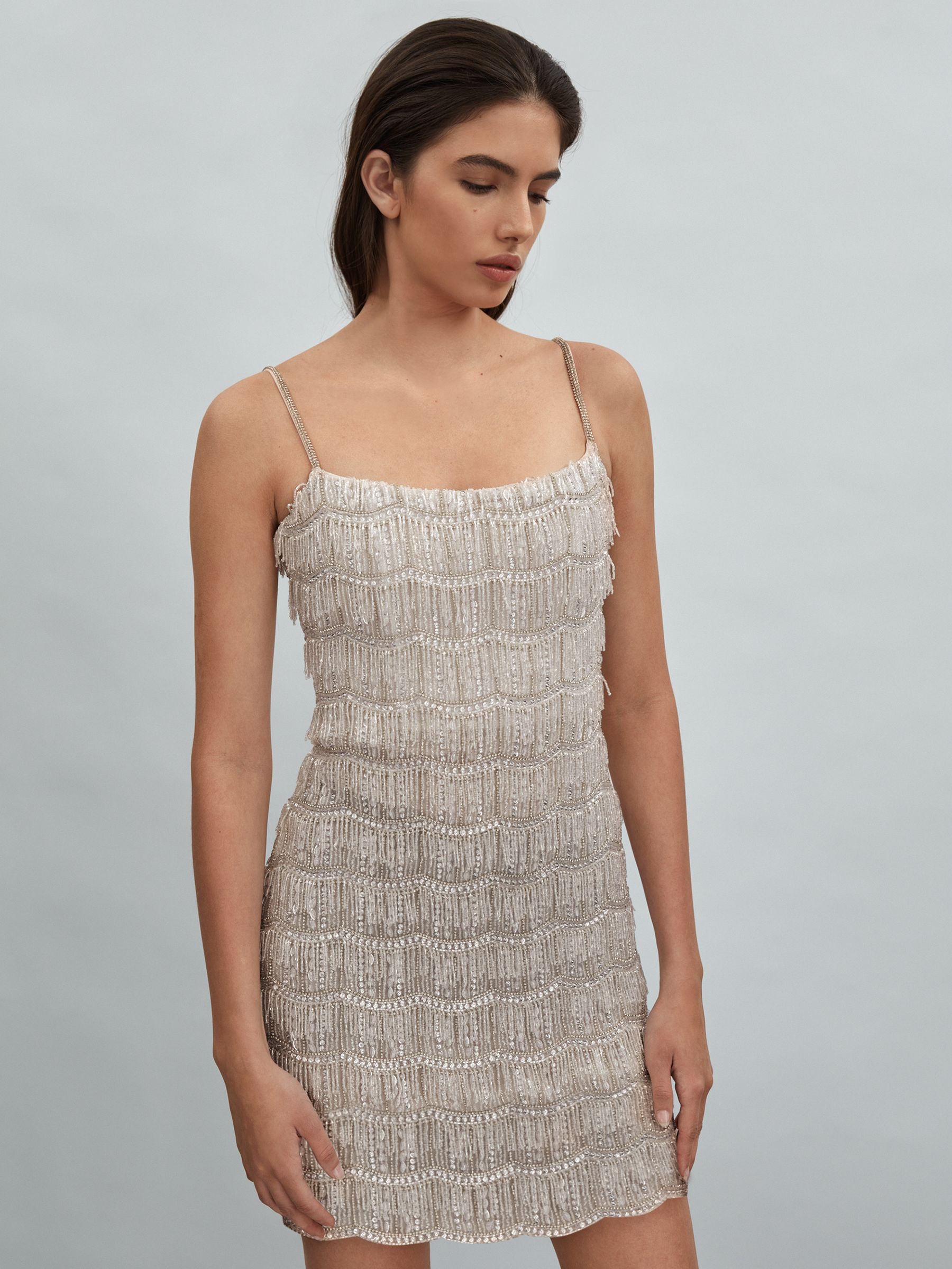 Reiss Rachel Gilbert Ivory Beaded Tassel Mini Dress in Ivory | REISS