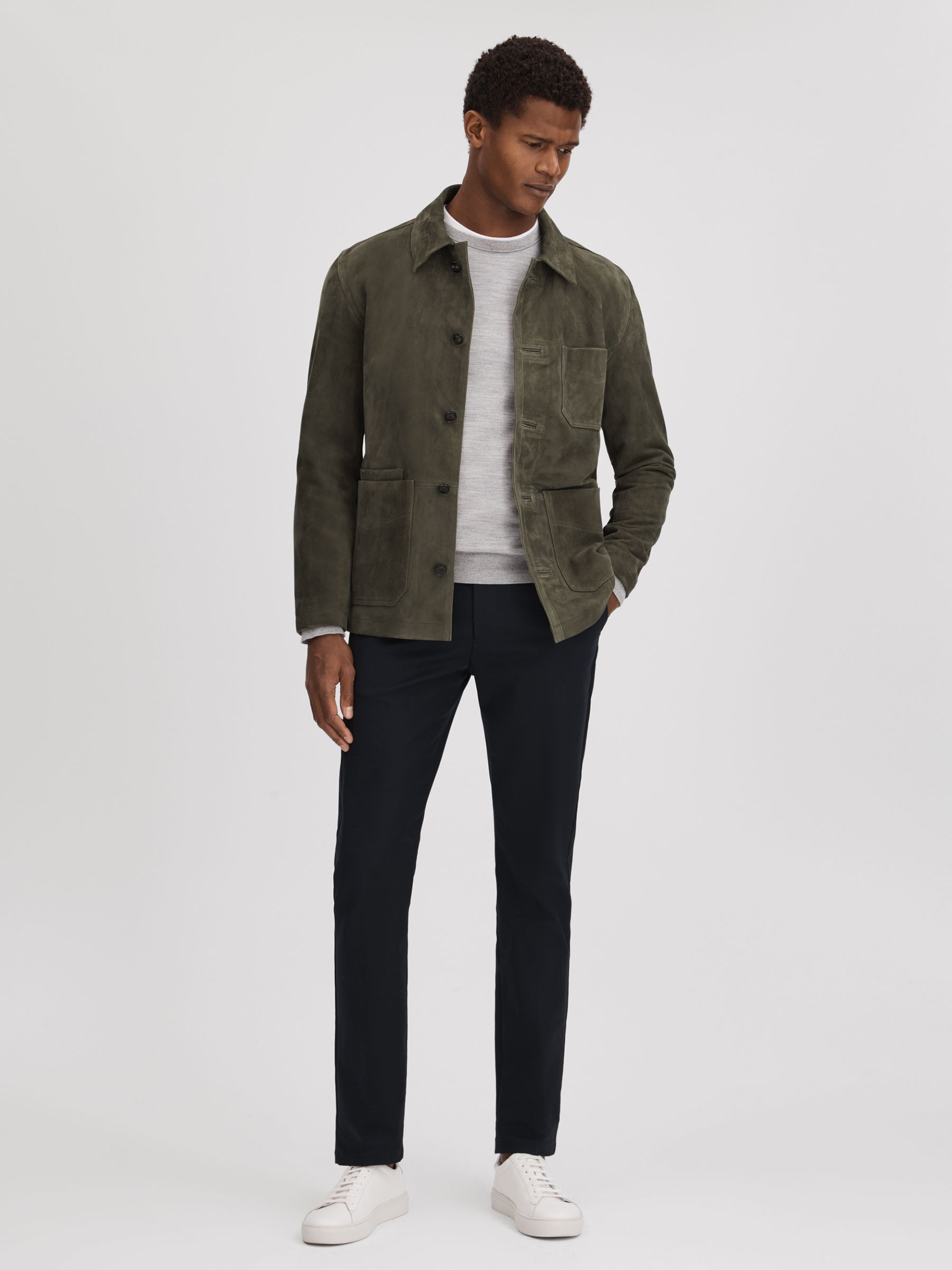 Reiss Suede Button-Through Jacket in Moss Green - REISS