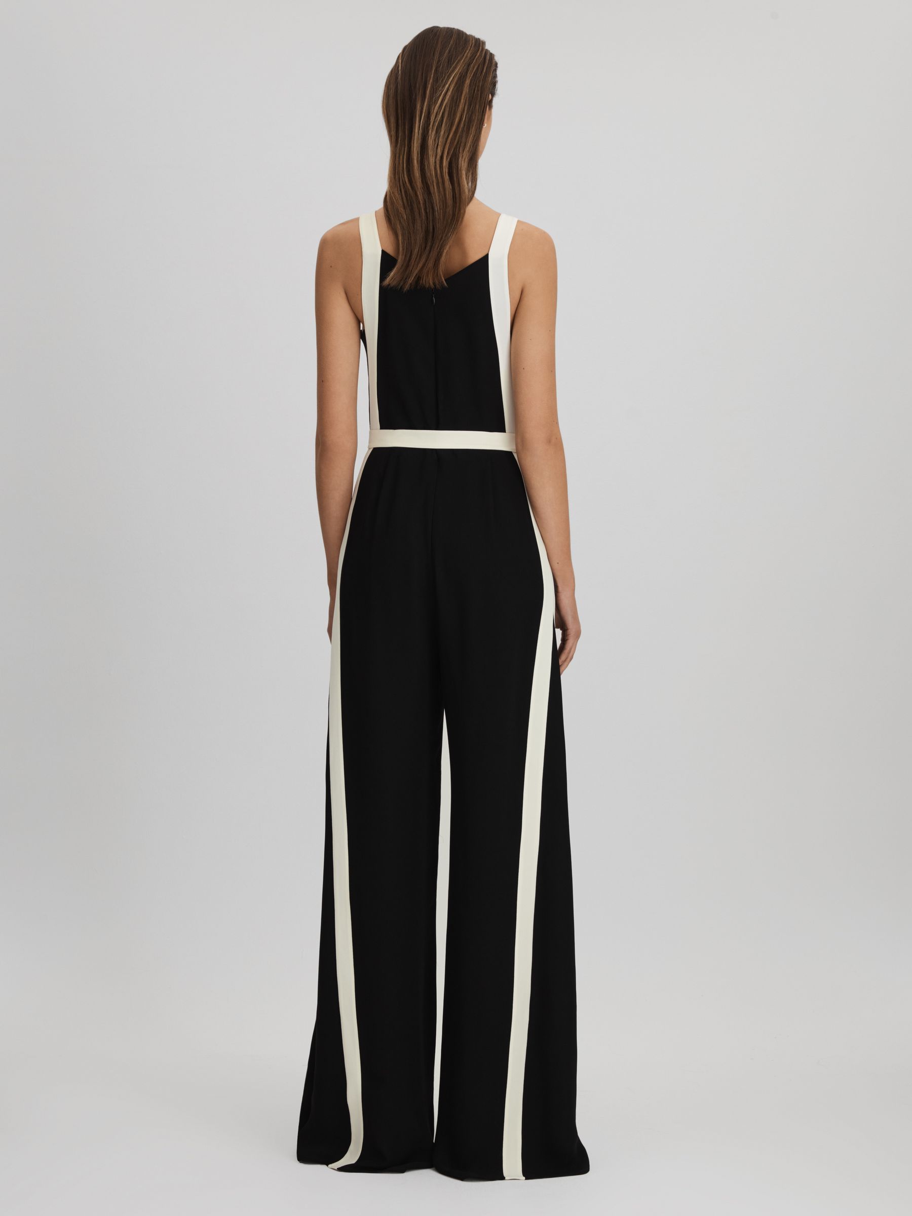 Reiss Contrast Trim Belted Jumpsuit in Black/White | REISS