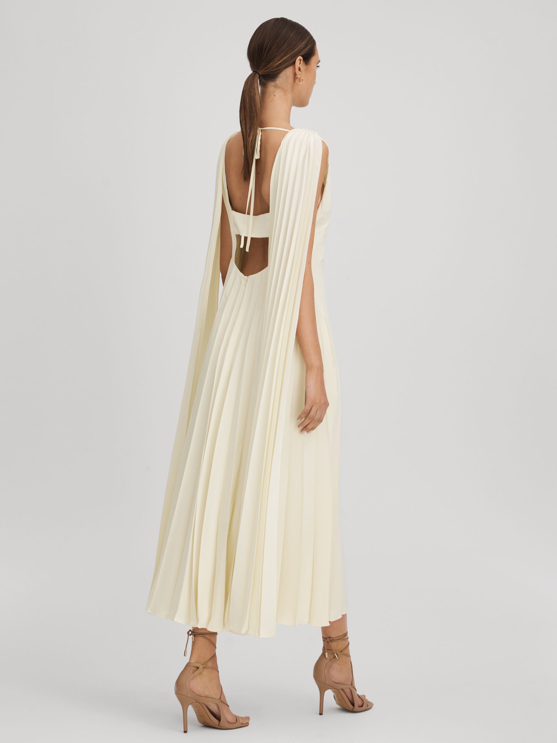 Reiss Pleated Cape Sleeve Midi Dress in Lemon - REISS