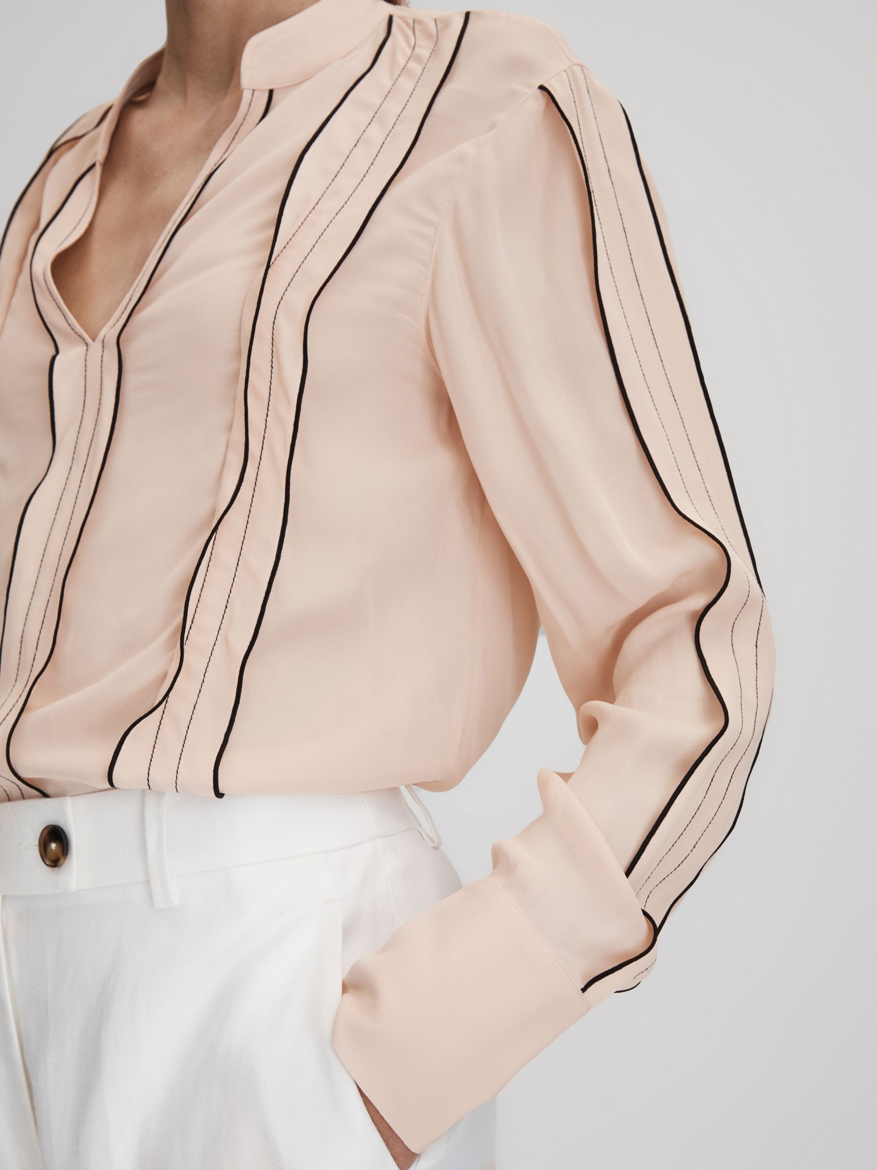 Reiss Contrast Trim Ruffle Blouse in Nude - REISS