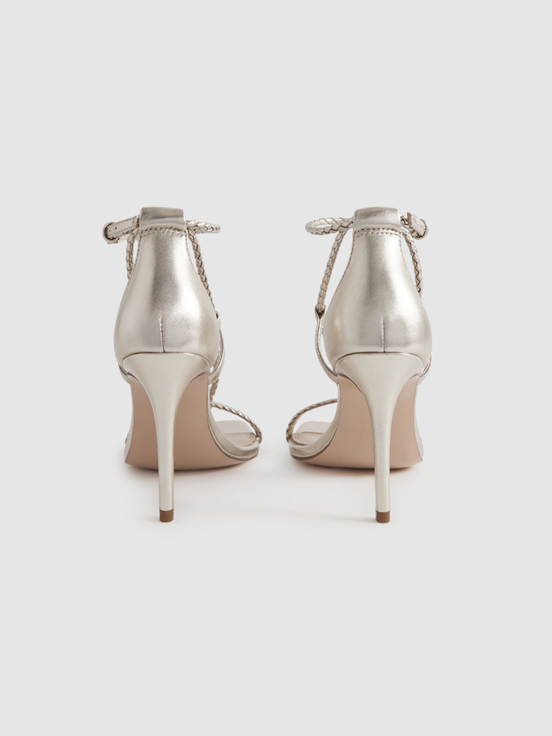Reiss Leather Plaited Strappy Heeled Sandals in Gold - REISS