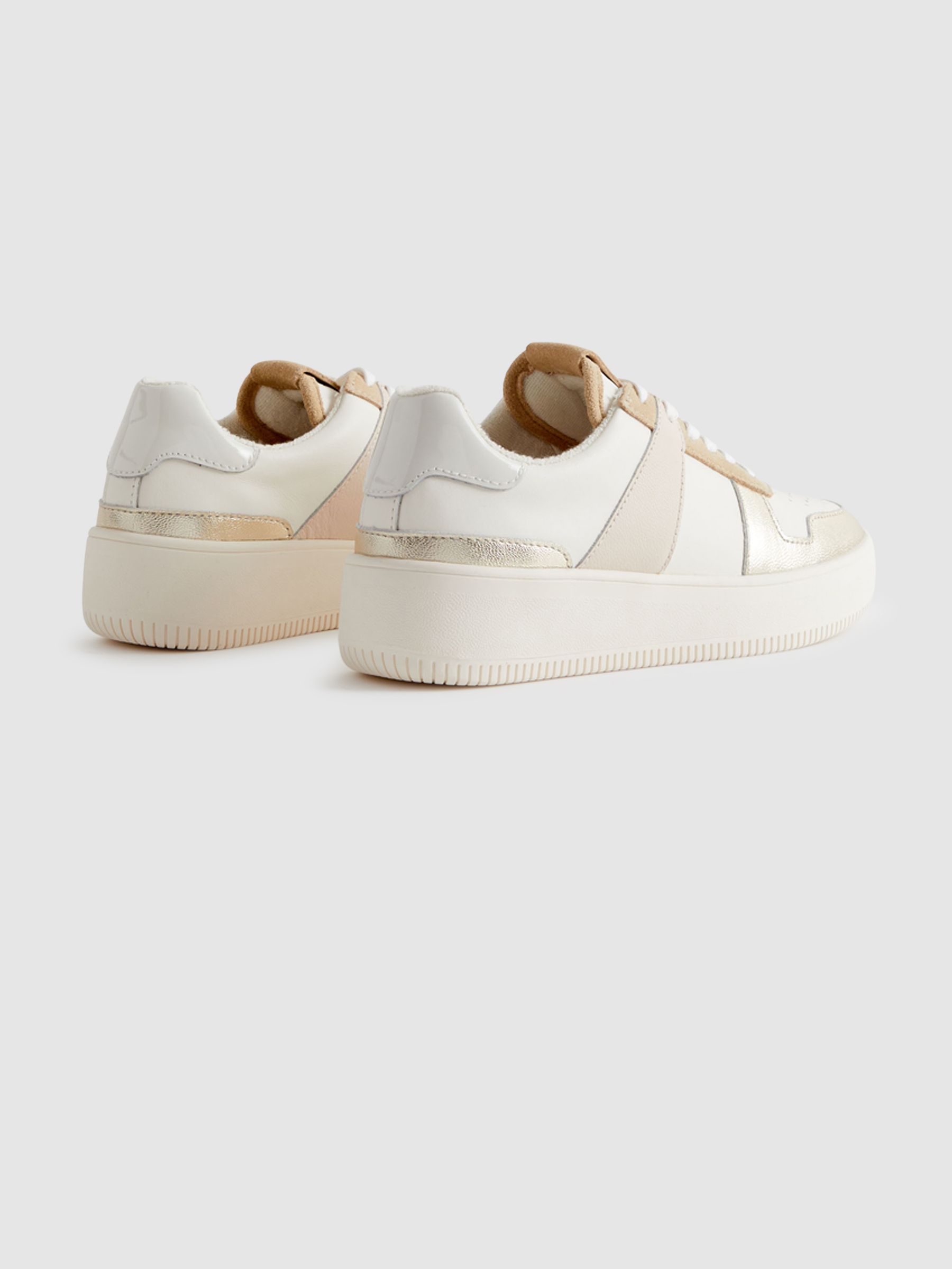 Reiss Mid Top Leather Trainers in White/Gold | REISS