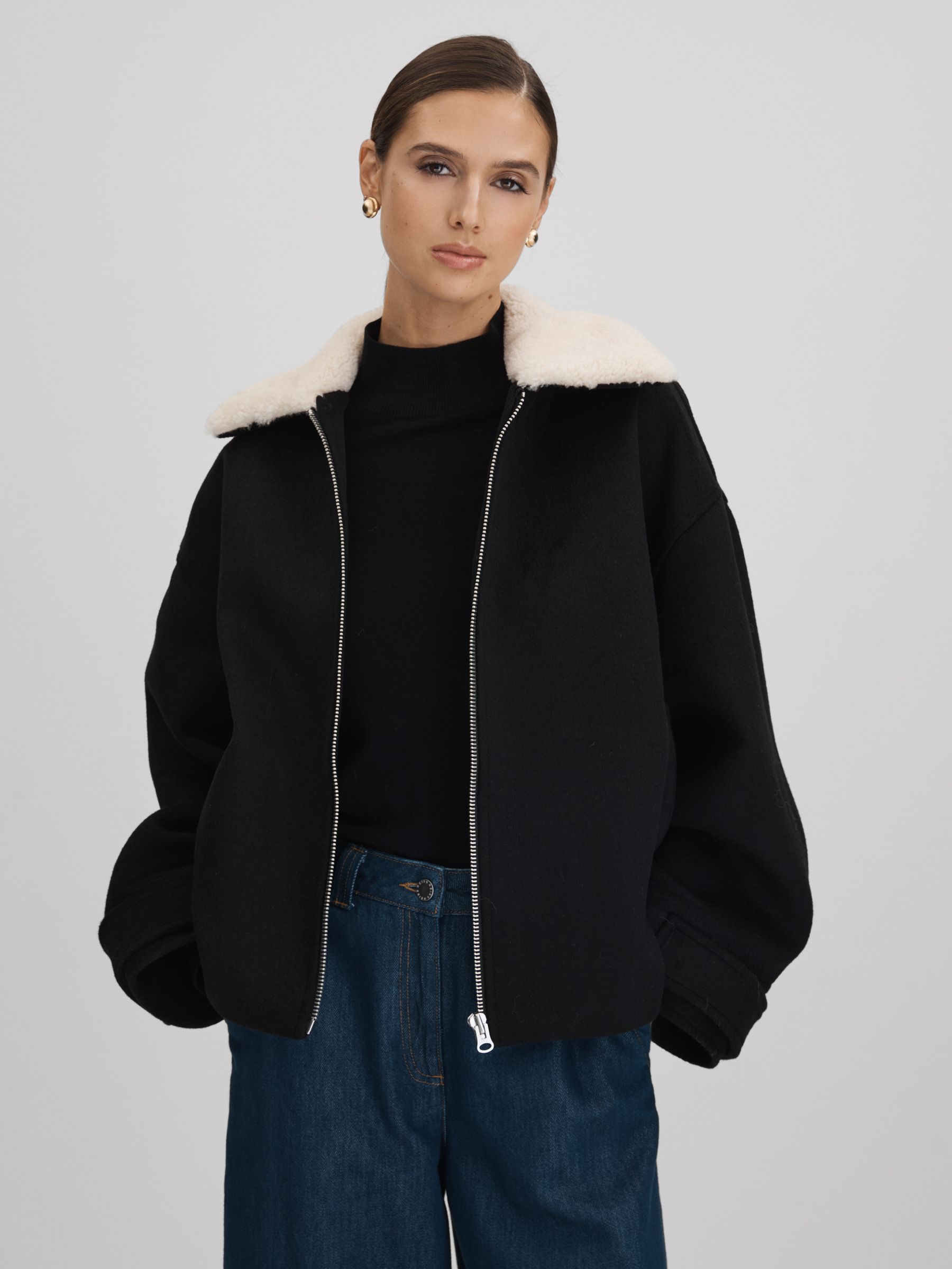 Reiss Meotine Wool Blend Shearling Collar Jacket in Black | REISS