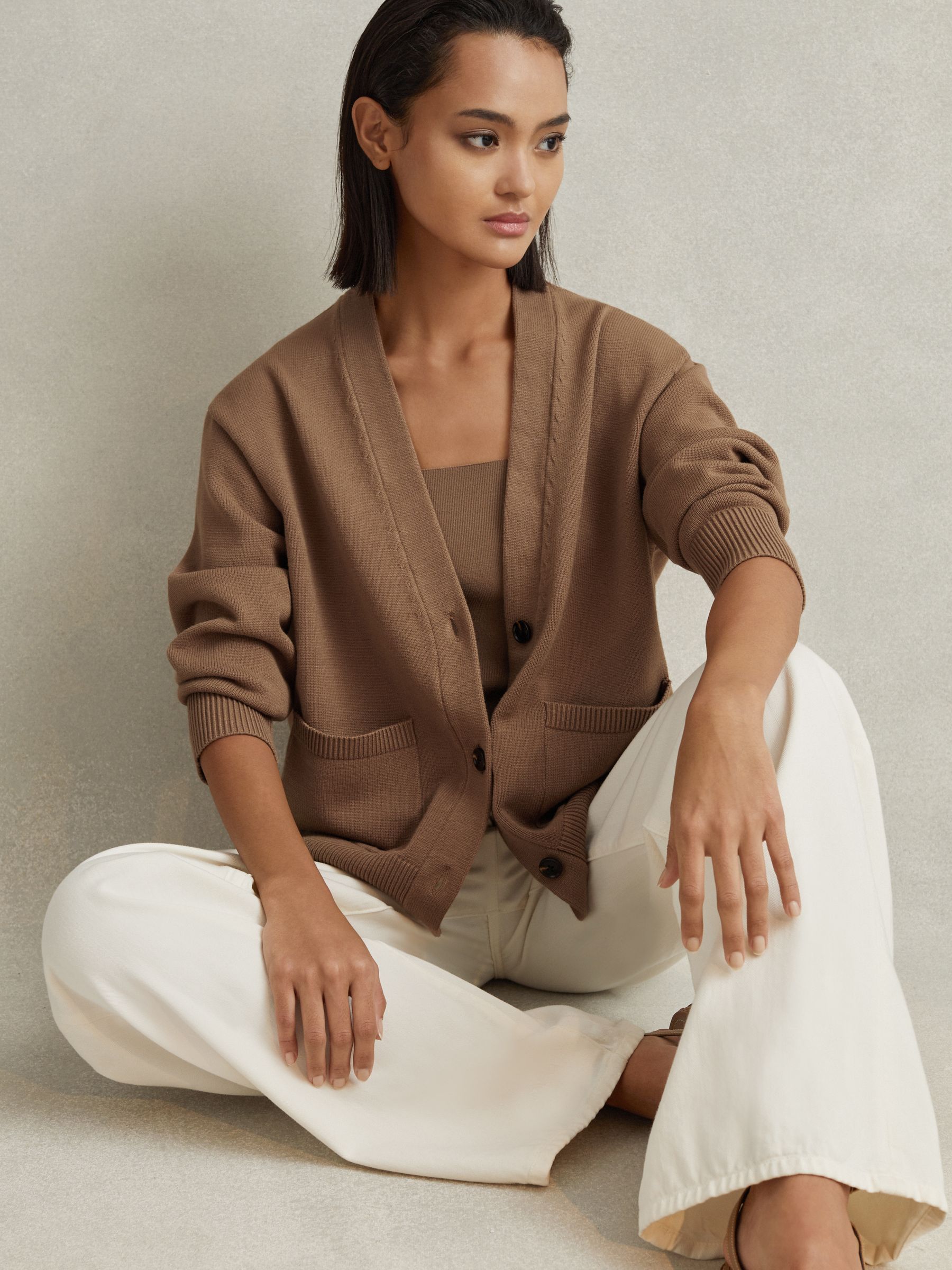 Reiss Chunky Knitted Cardigan in Mink - REISS