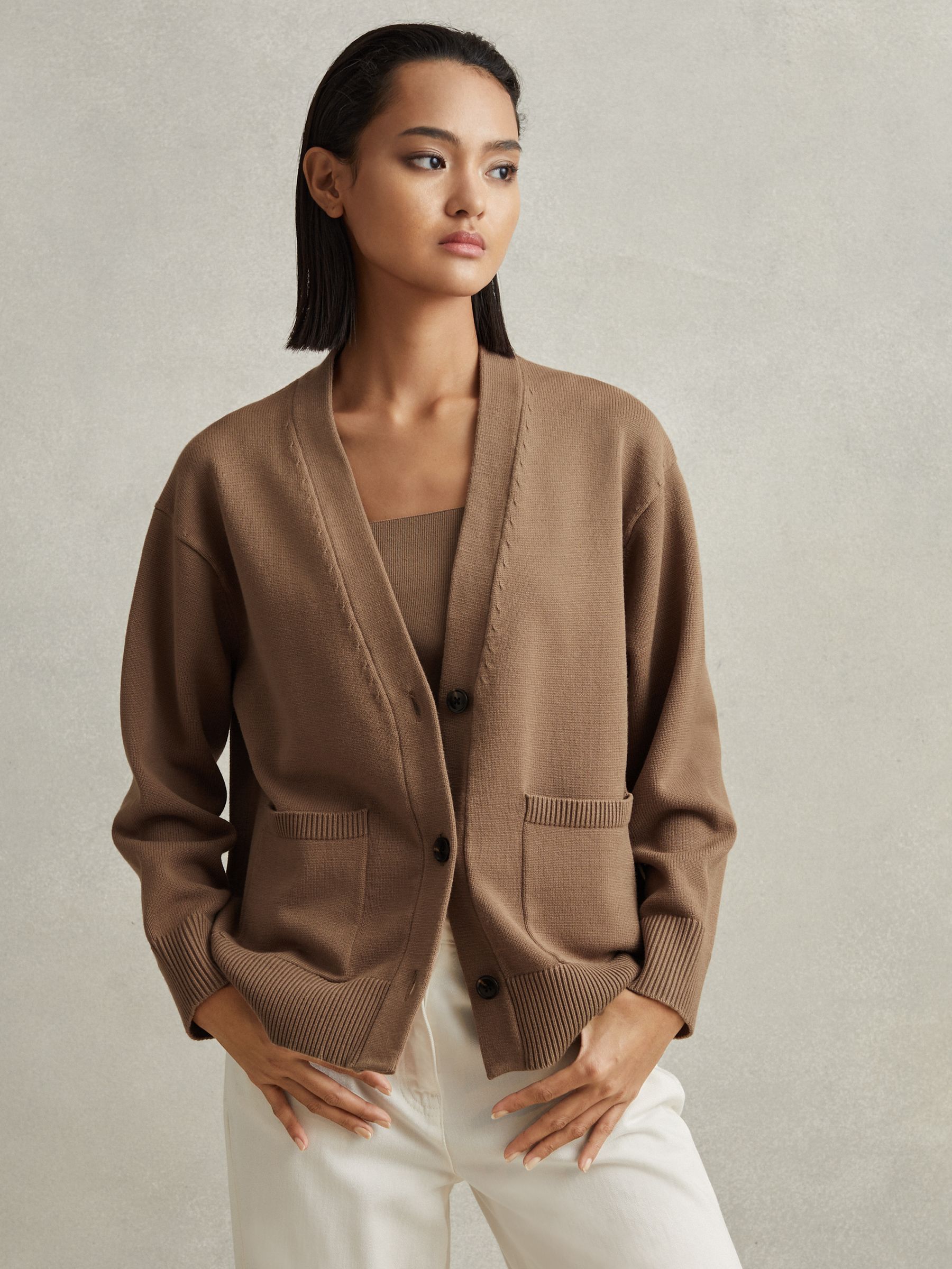 Reiss Chunky Knitted Cardigan in Mink - REISS