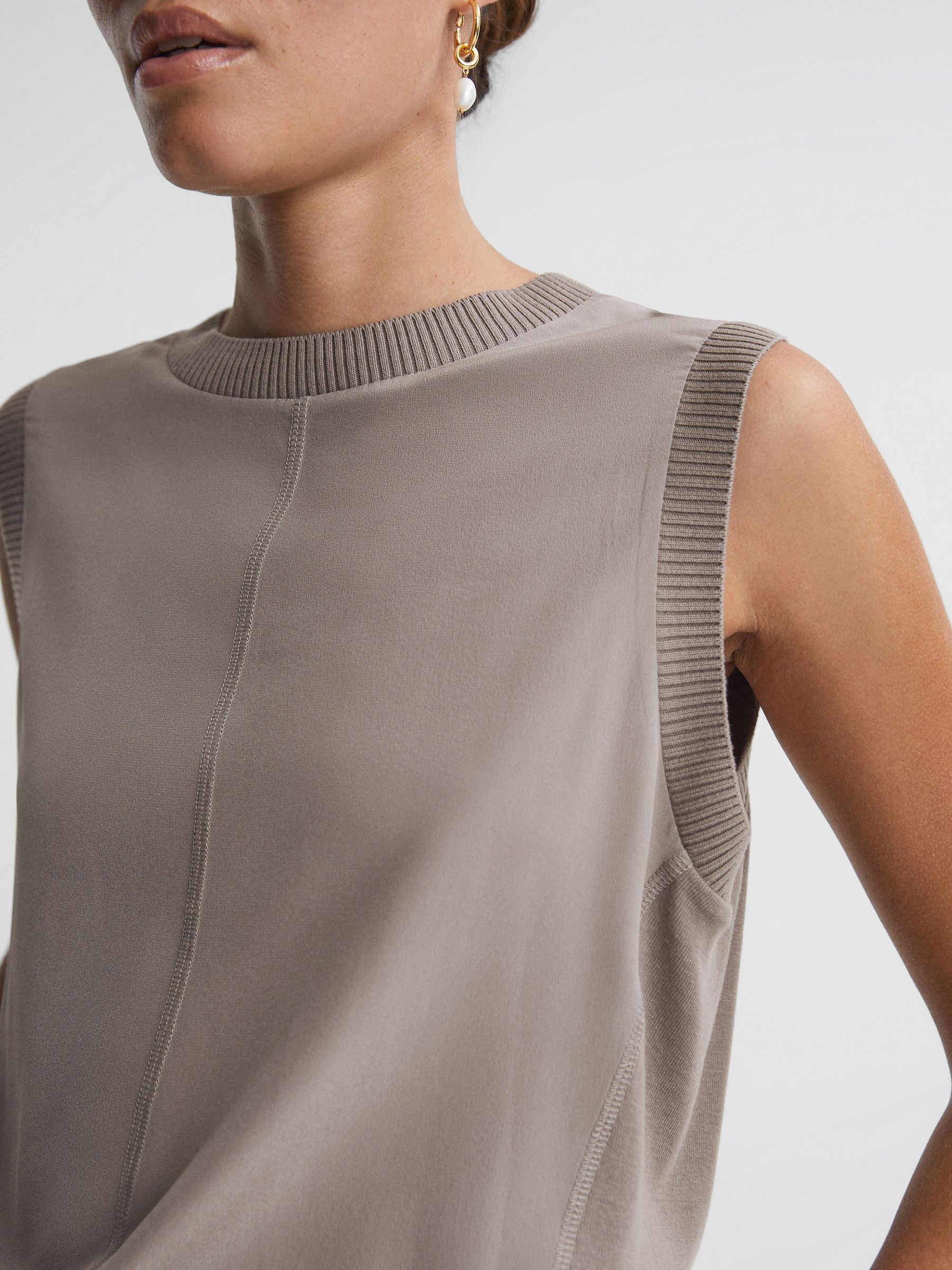 Reiss Silk Front Crew Neck Vest in Taupe - REISS