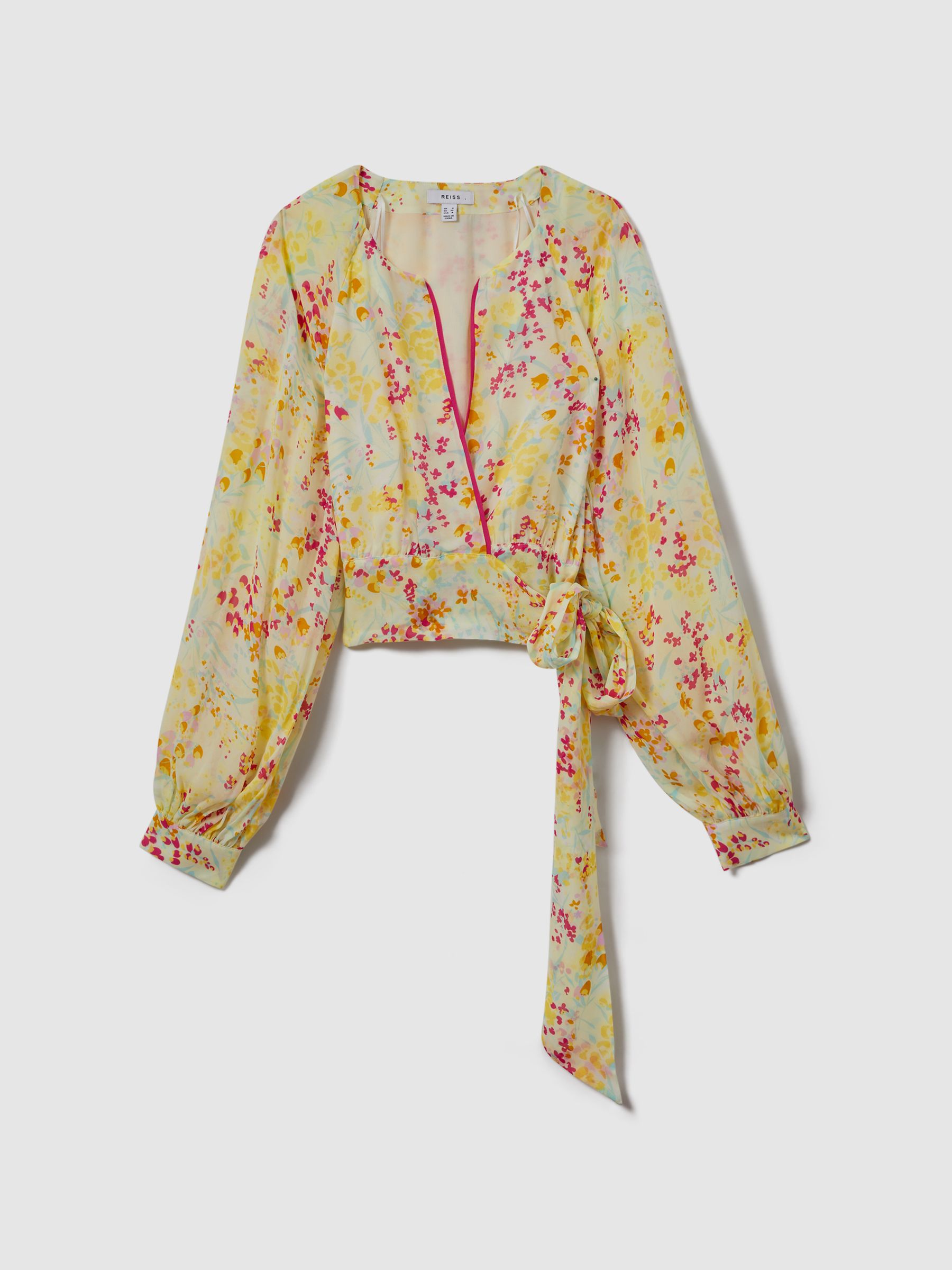 Reiss Floral Print Tie Waist Cropped Blouse in Pink/Yellow | REISS