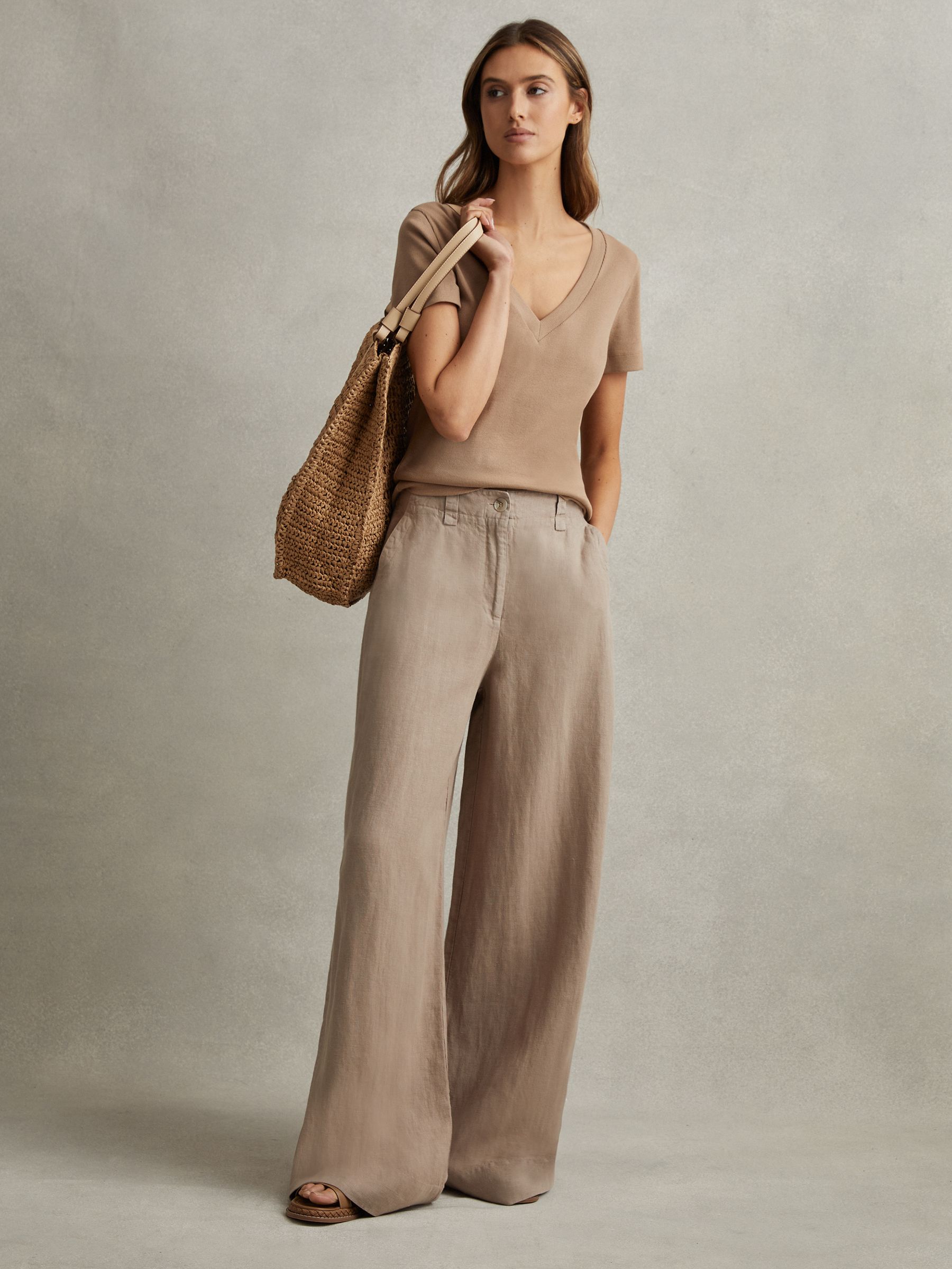 Reiss Linen Wide Leg Garment Dyed Trousers in Mink Neutral - REISS