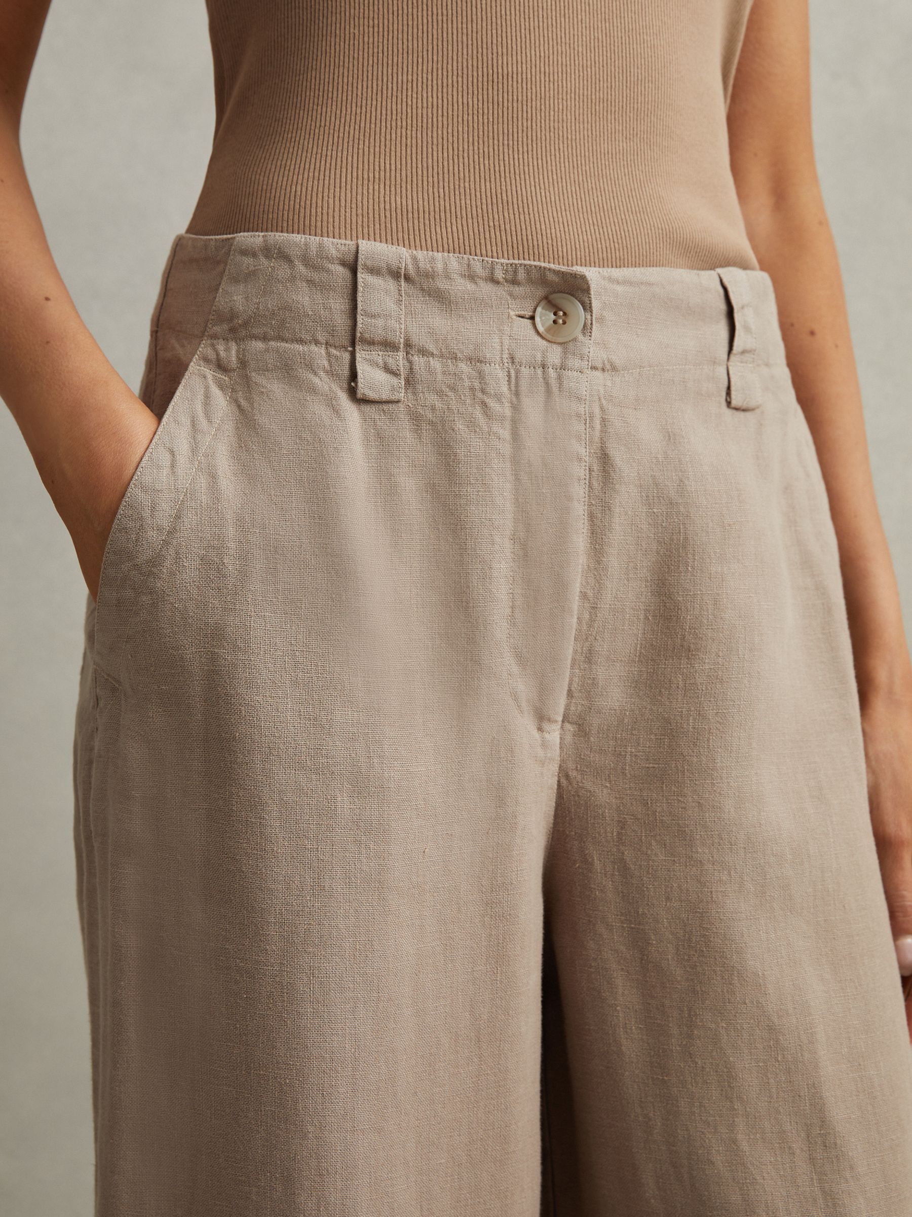 Reiss Linen Wide Leg Garment Dyed Trousers in Mink Neutral - REISS