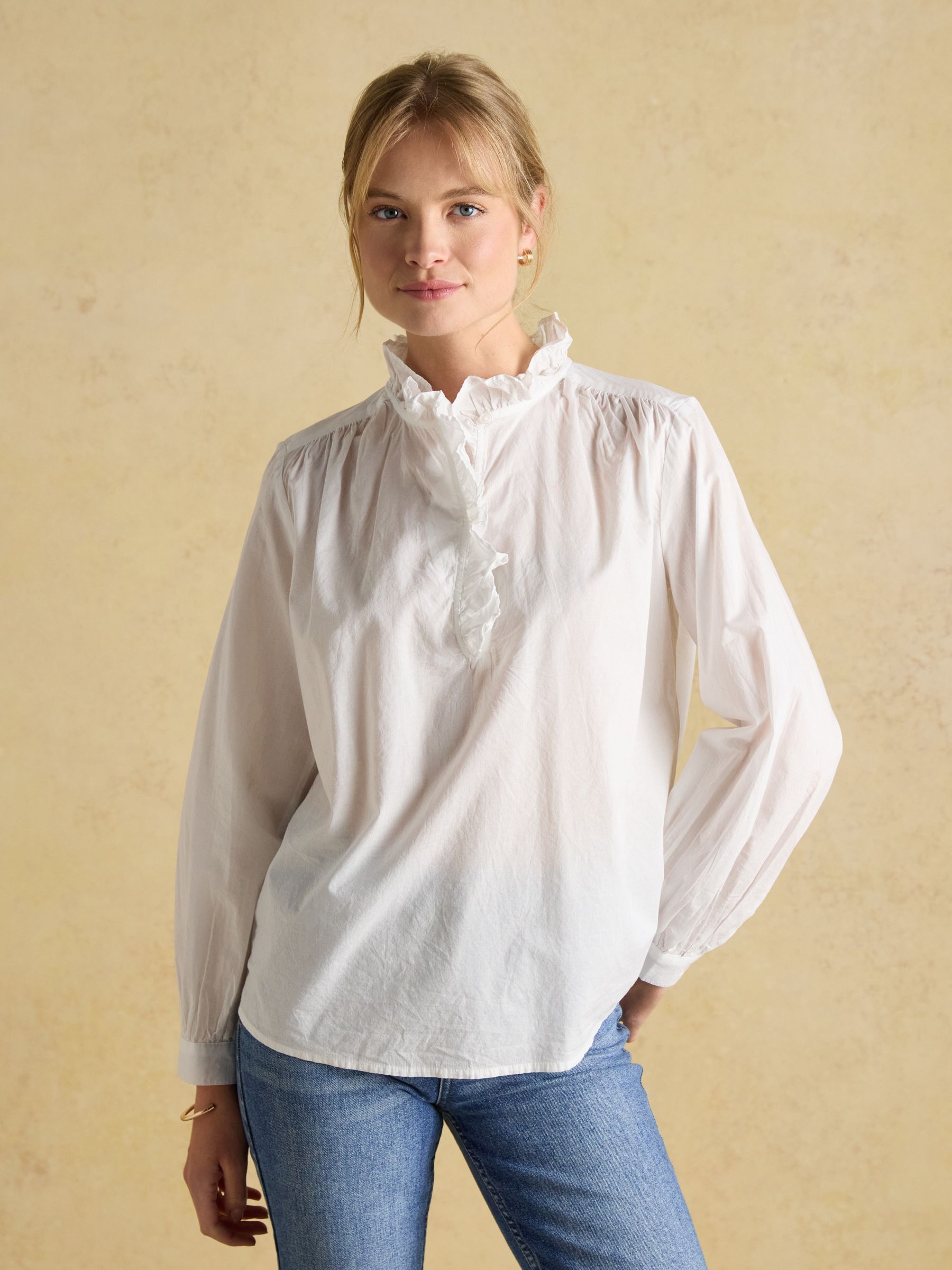 Melanie White Cotton Ruffle Blouse | Joules