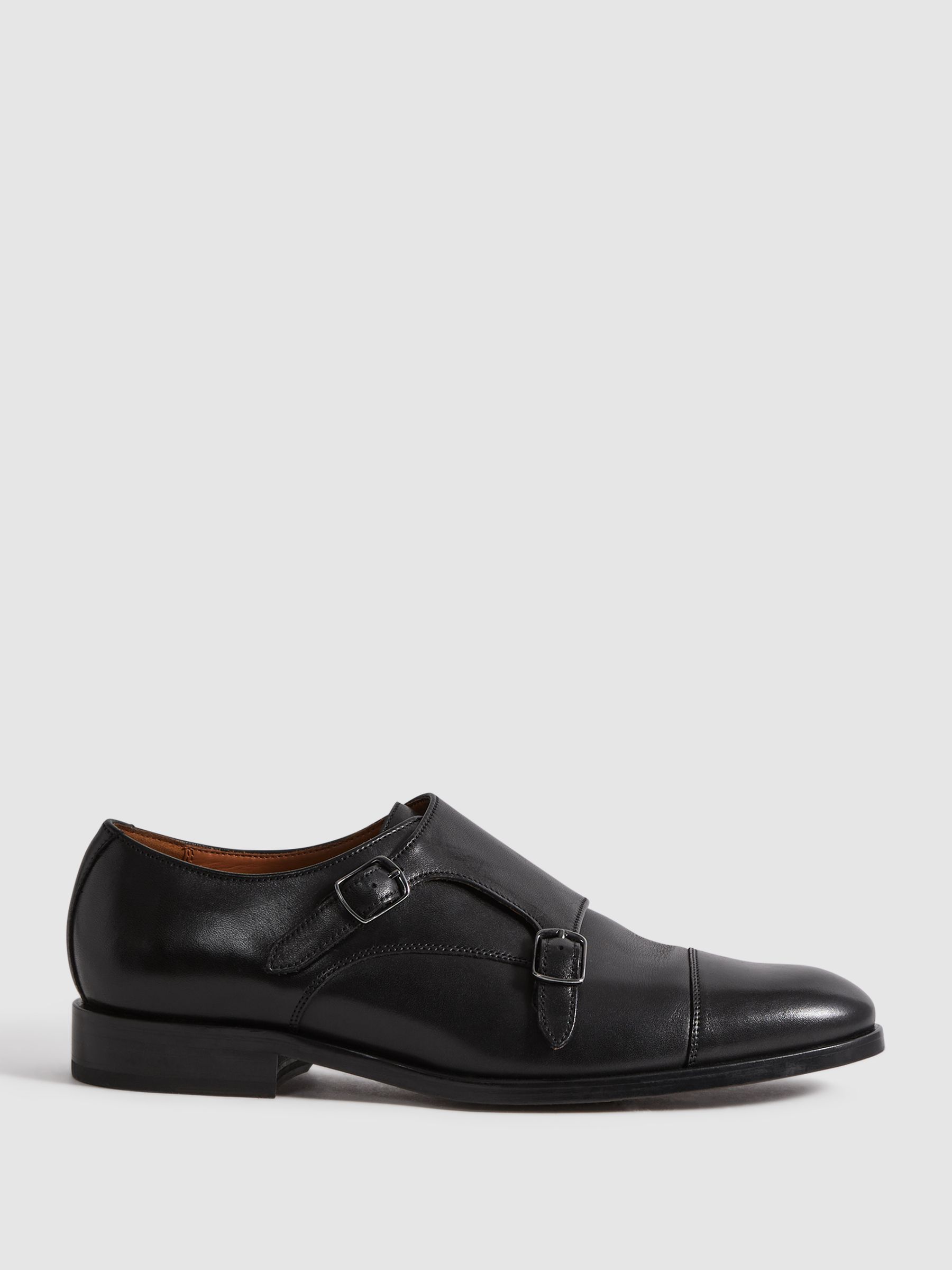 Reiss Leather Double Monk Strap Shoes in Black - REISS
