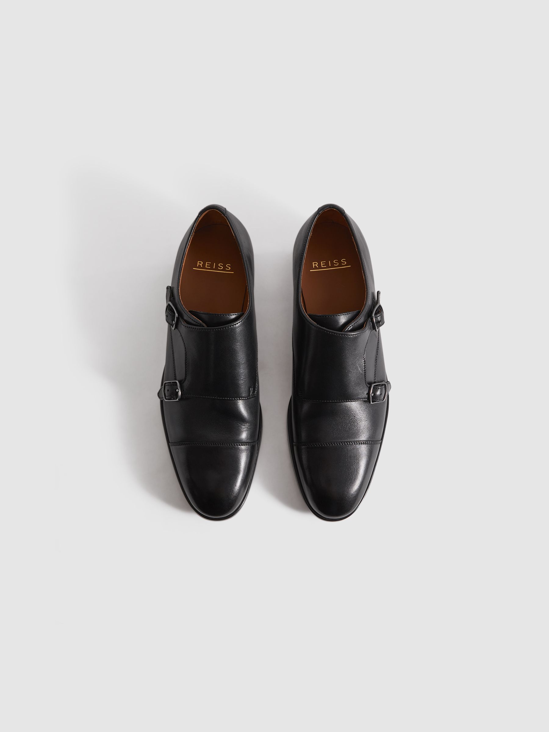 Reiss Leather Double Monk Strap Shoes in Black - REISS