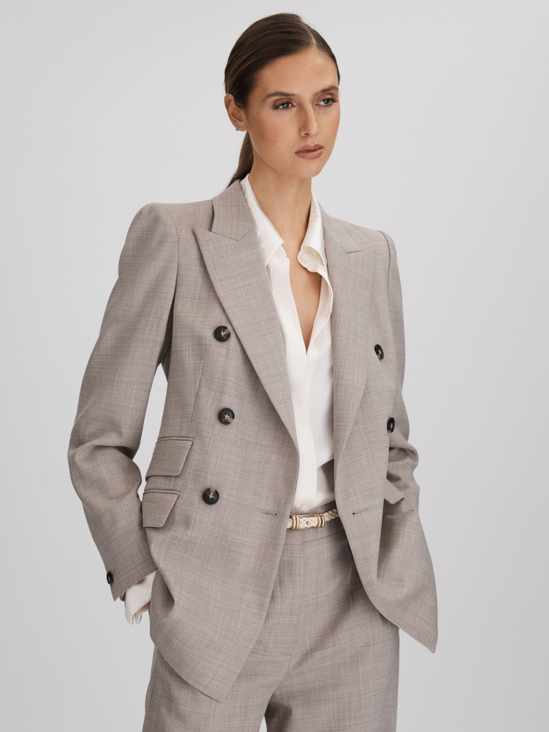 Reiss Tailored Wool Blend Double Breasted Suit Blazer in Oatmeal | REISS