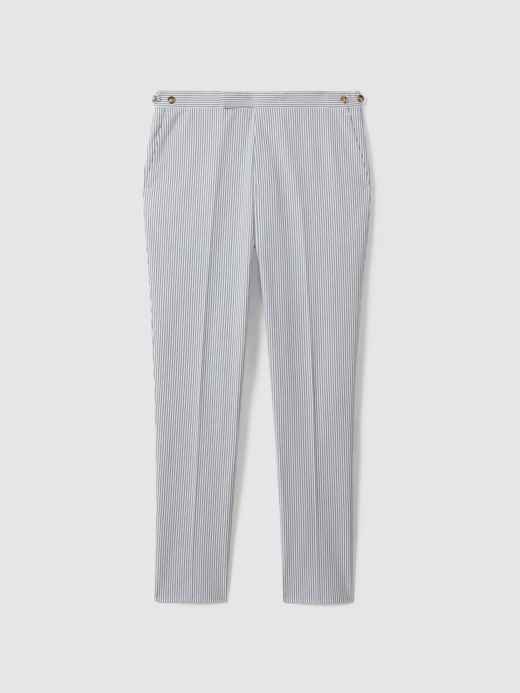 Reiss Barr Soft Blue/White Cotton Seersucker Adjuster Slim Fit Trousers ...