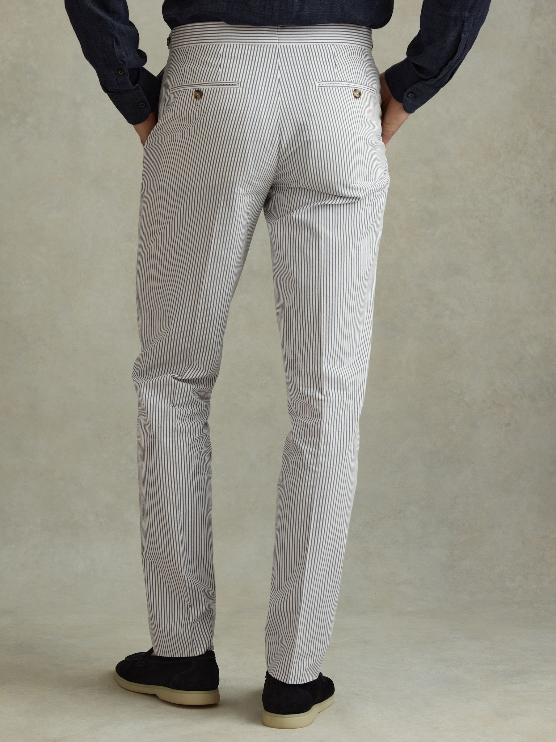 Reiss Barr Soft Blue/White Cotton Seersucker Adjuster Slim Fit Trousers ...