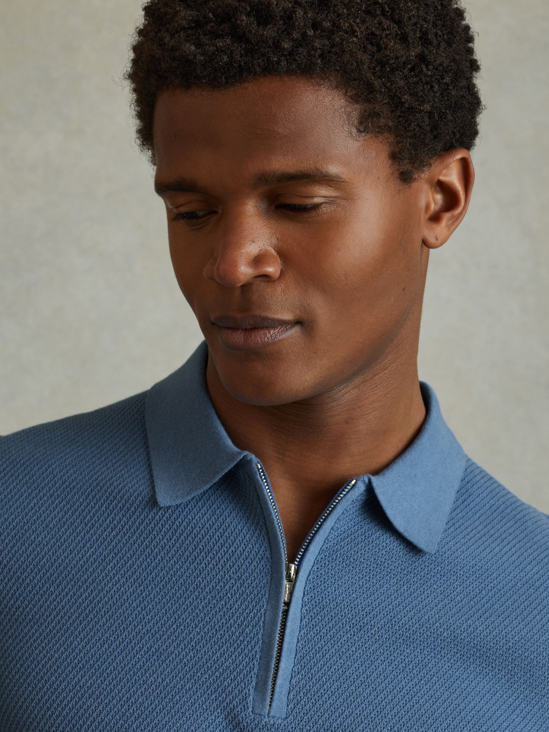 Reiss Textured Half-Zip Polo Shirt in Blue - REISS