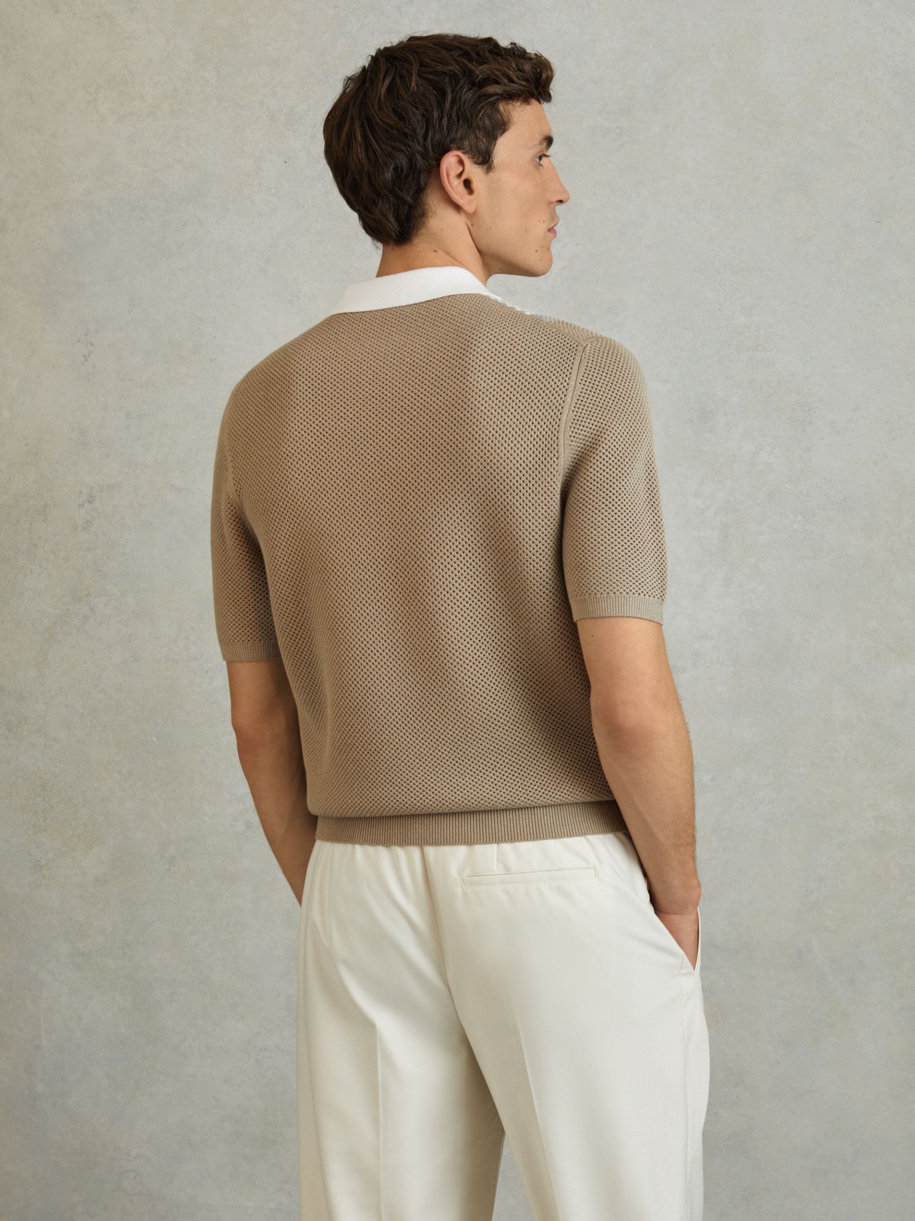 Reiss Open-Stitch Half-Zip Polo Shirt in Camel/White - REISS