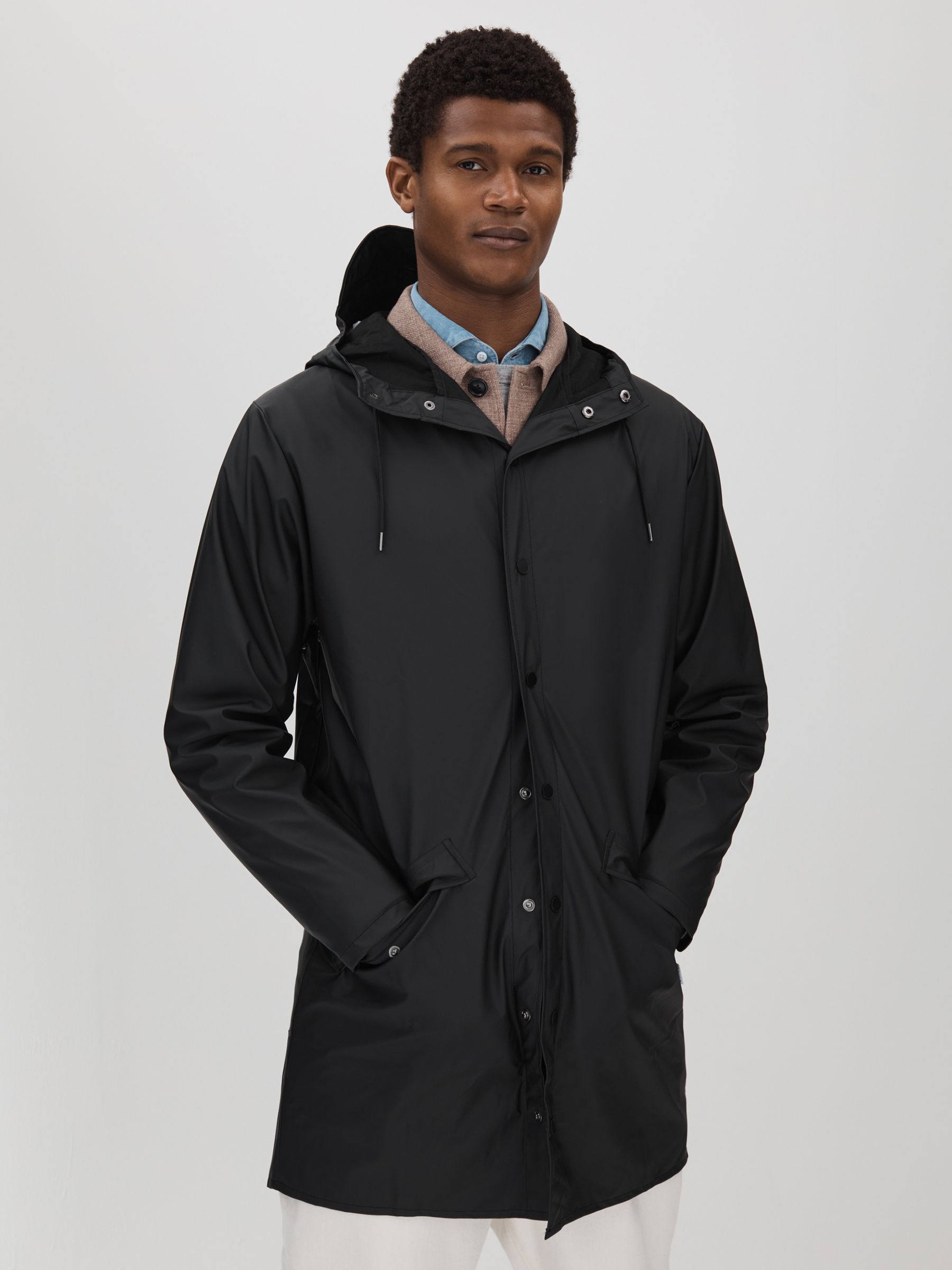 Reiss Rains Longline Hooded Raincoat in Black - REISS