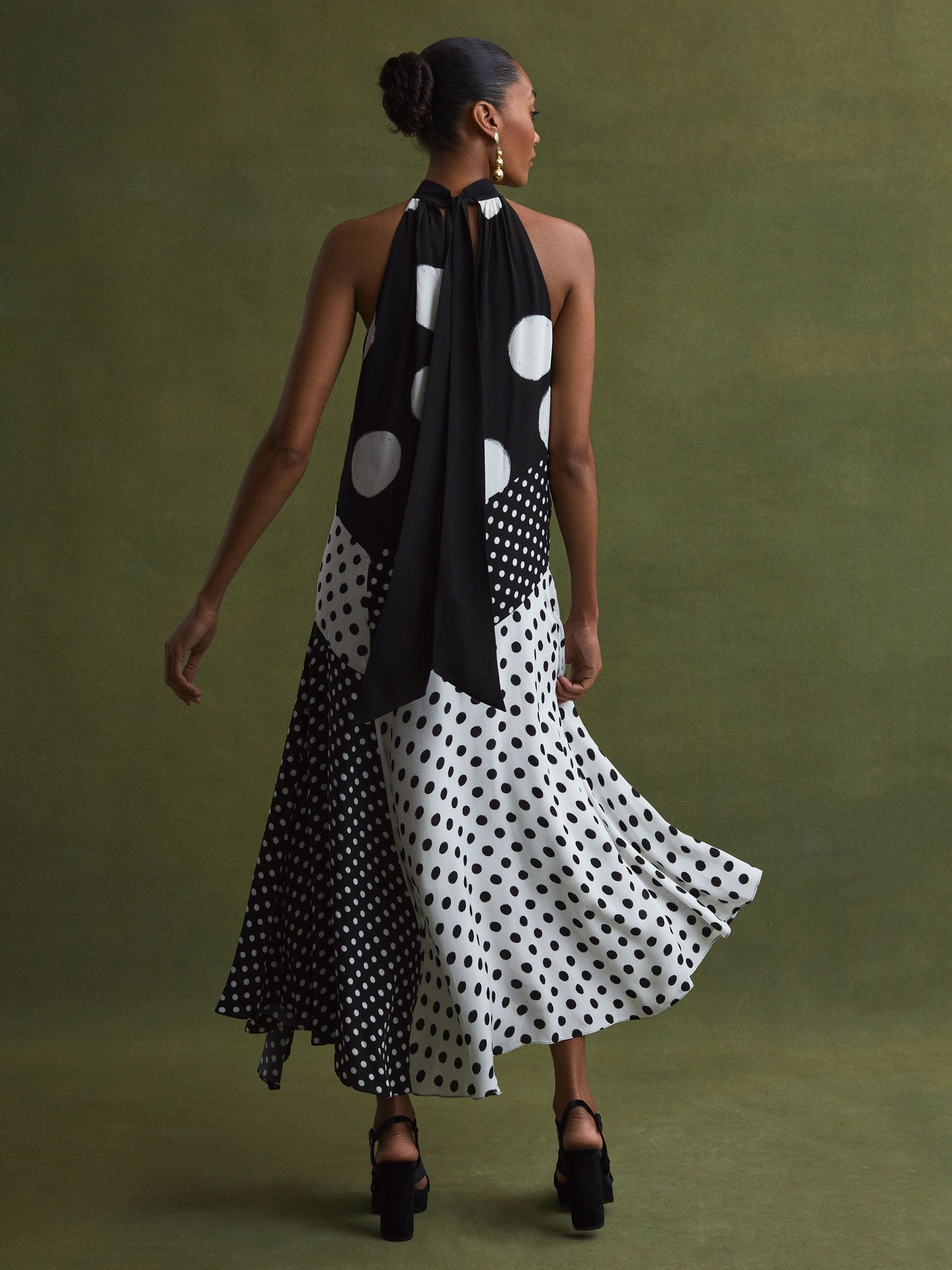 Reiss Florere Polka Dot Asymmetric Midi Dress In Black White Reiss