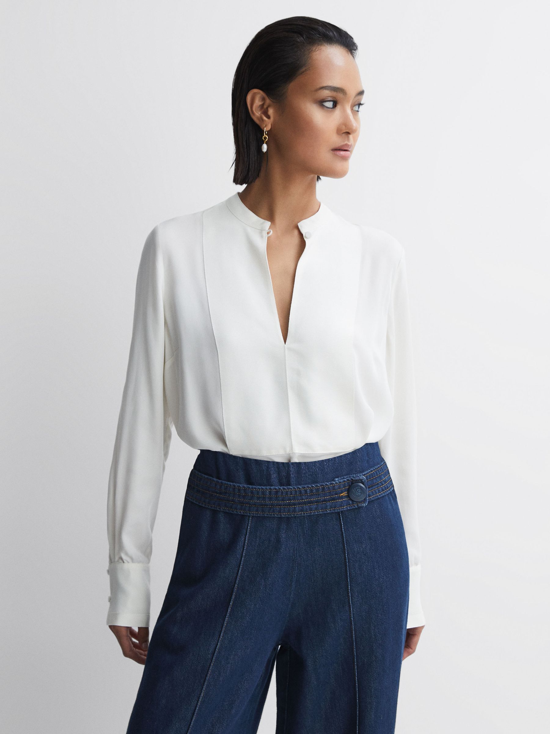 Reiss Ribbon Front Grandad Collar Blouse in Cream - REISS