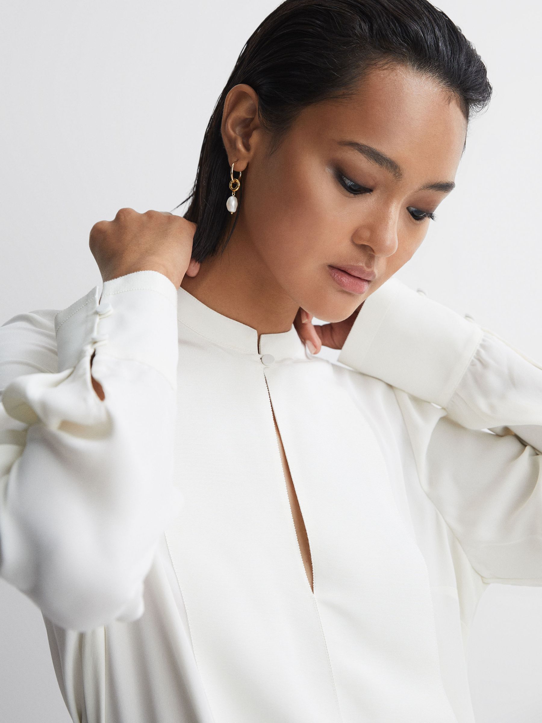 Reiss Ribbon Front Grandad Collar Blouse in Cream - REISS