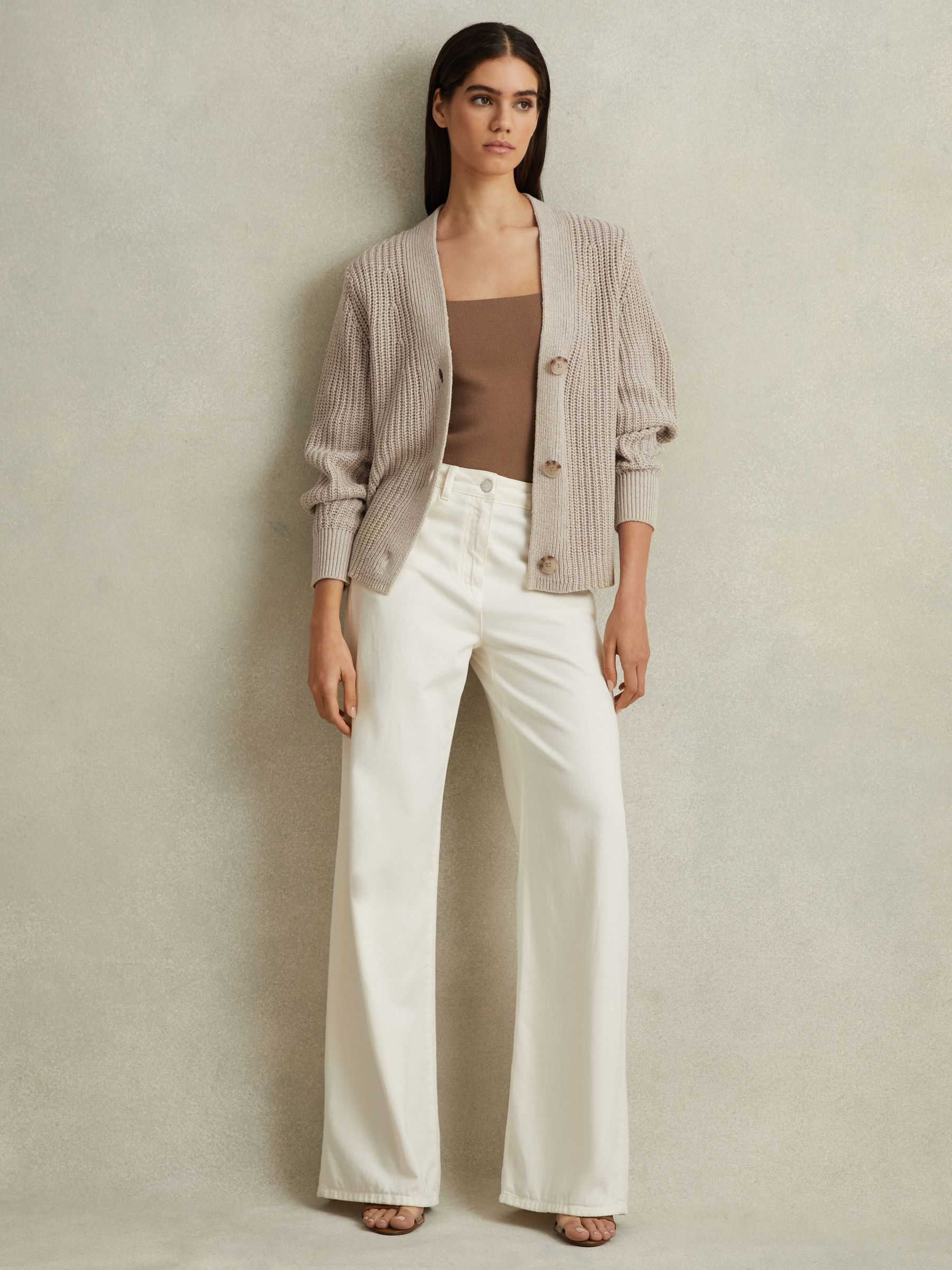 Reiss Cotton Blend Knitted Cardigan in Neutral - REISS