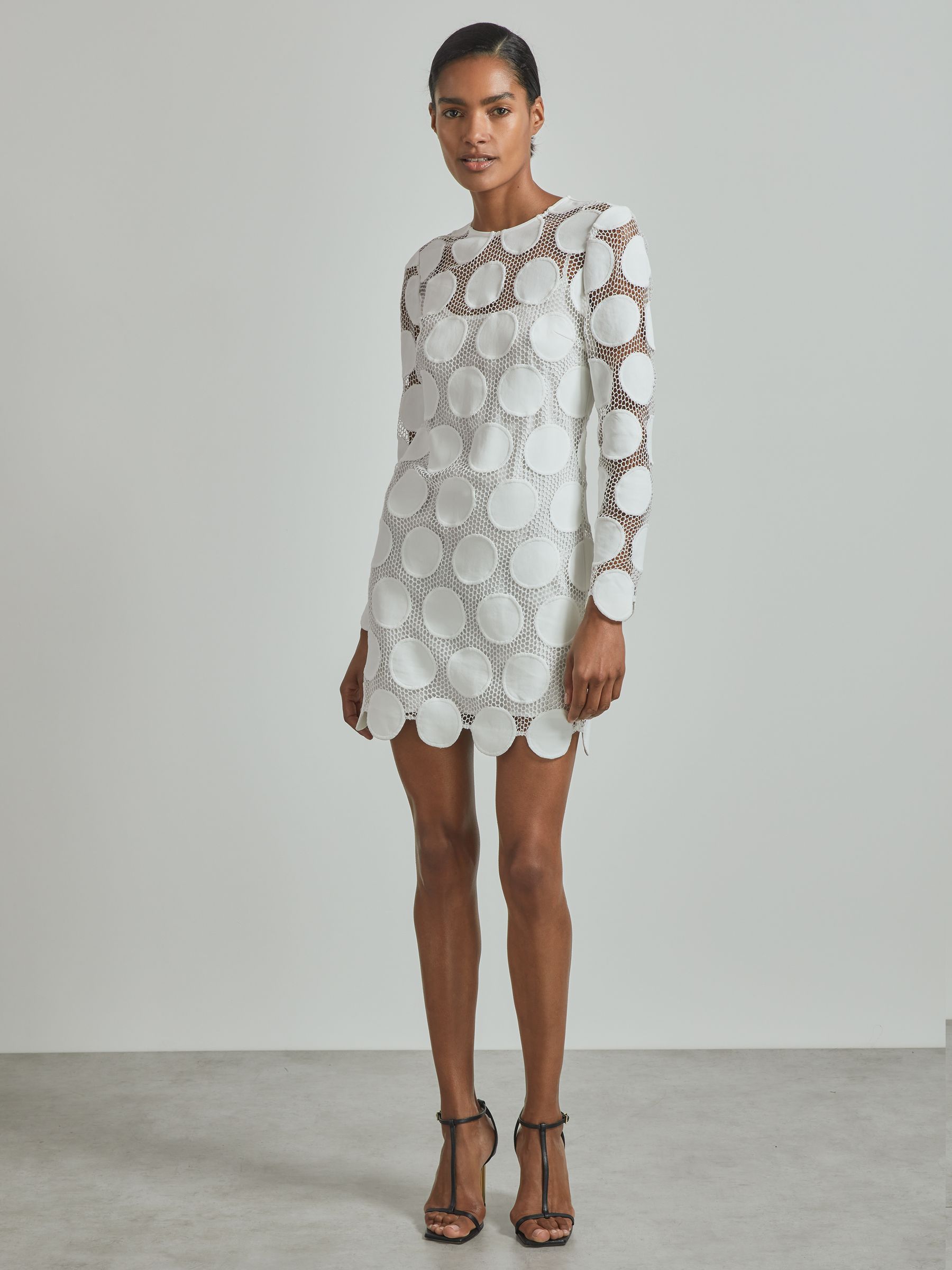 Reiss Atelier Sheer Embroidered Mini Dress in Ivory - REISS