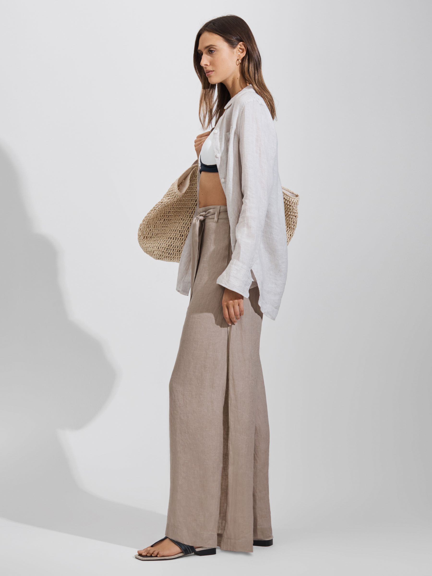 Reiss Linen Side Split Trousers in Taupe - REISS