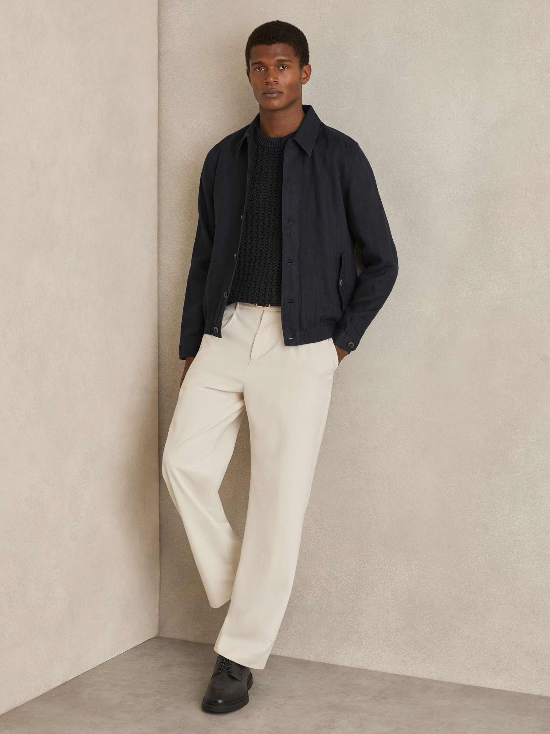 Reiss Linen Elasticated Hem Overshirt in Navy - REISS