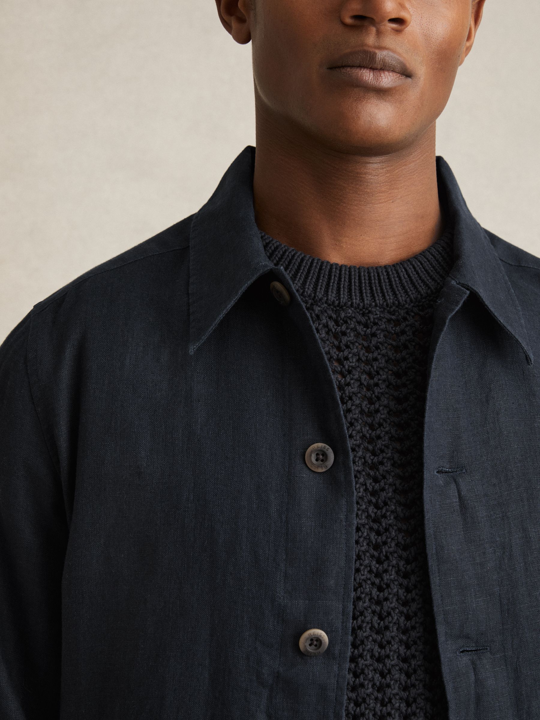 Reiss Linen Elasticated Hem Overshirt in Navy - REISS