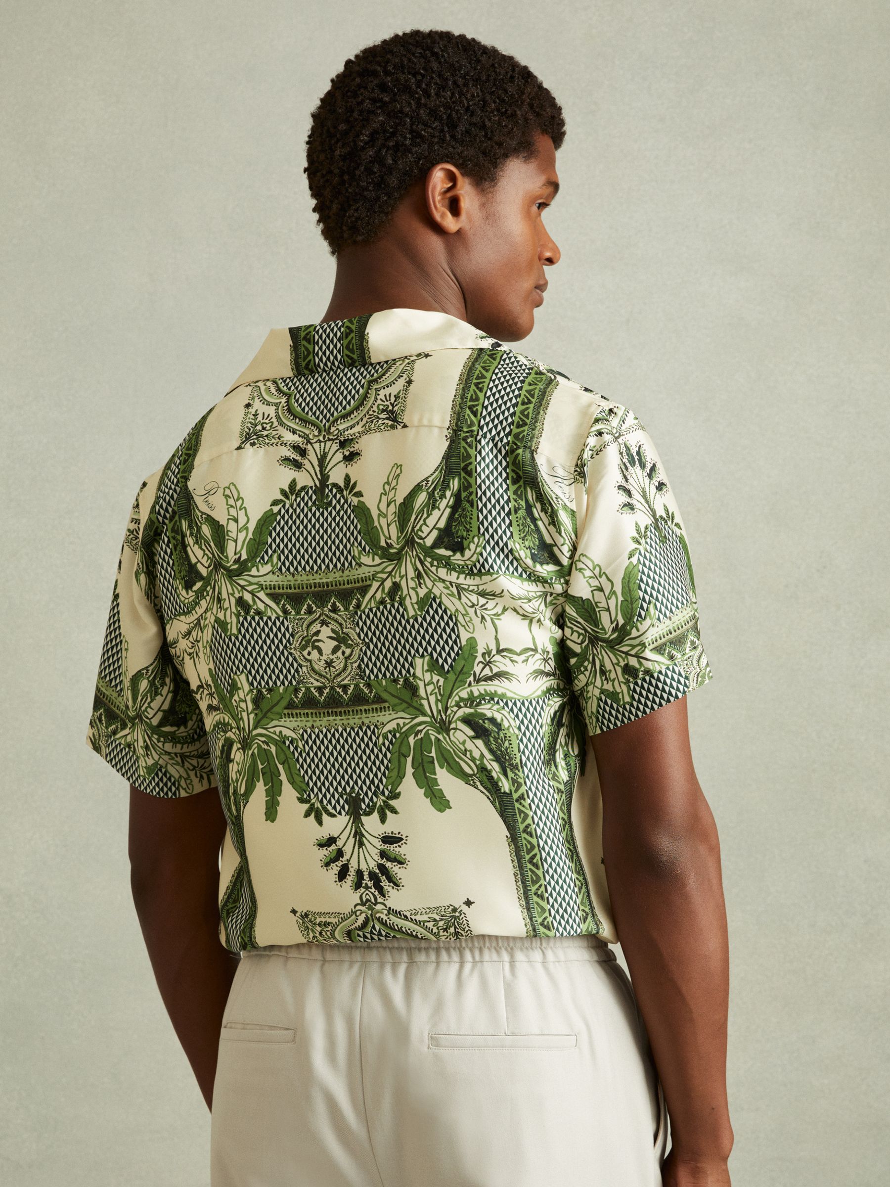Reiss Lulu Bright Green Relaxed Palm Print Cuban Collar Shirt - REISS
