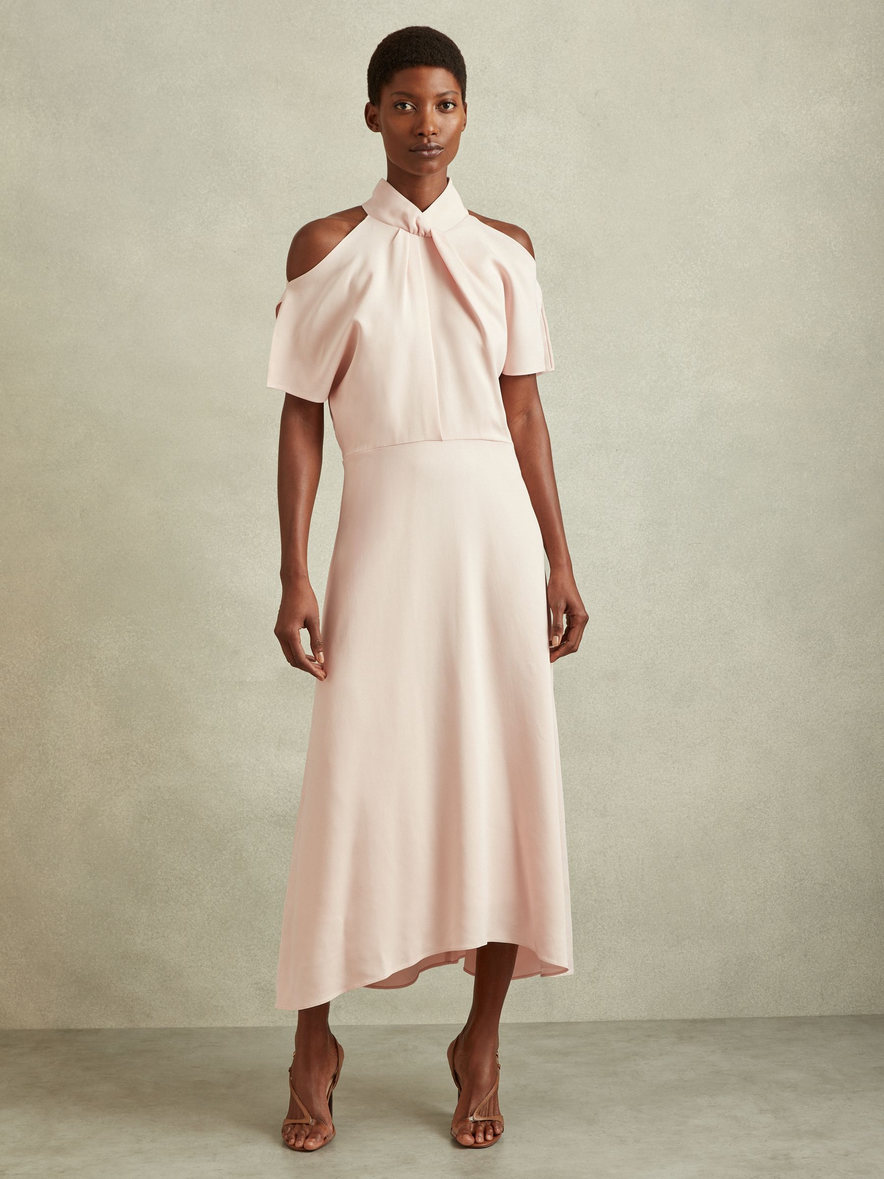 Reiss Twist Neck Cut Out Midi Dress in Nude - REISS